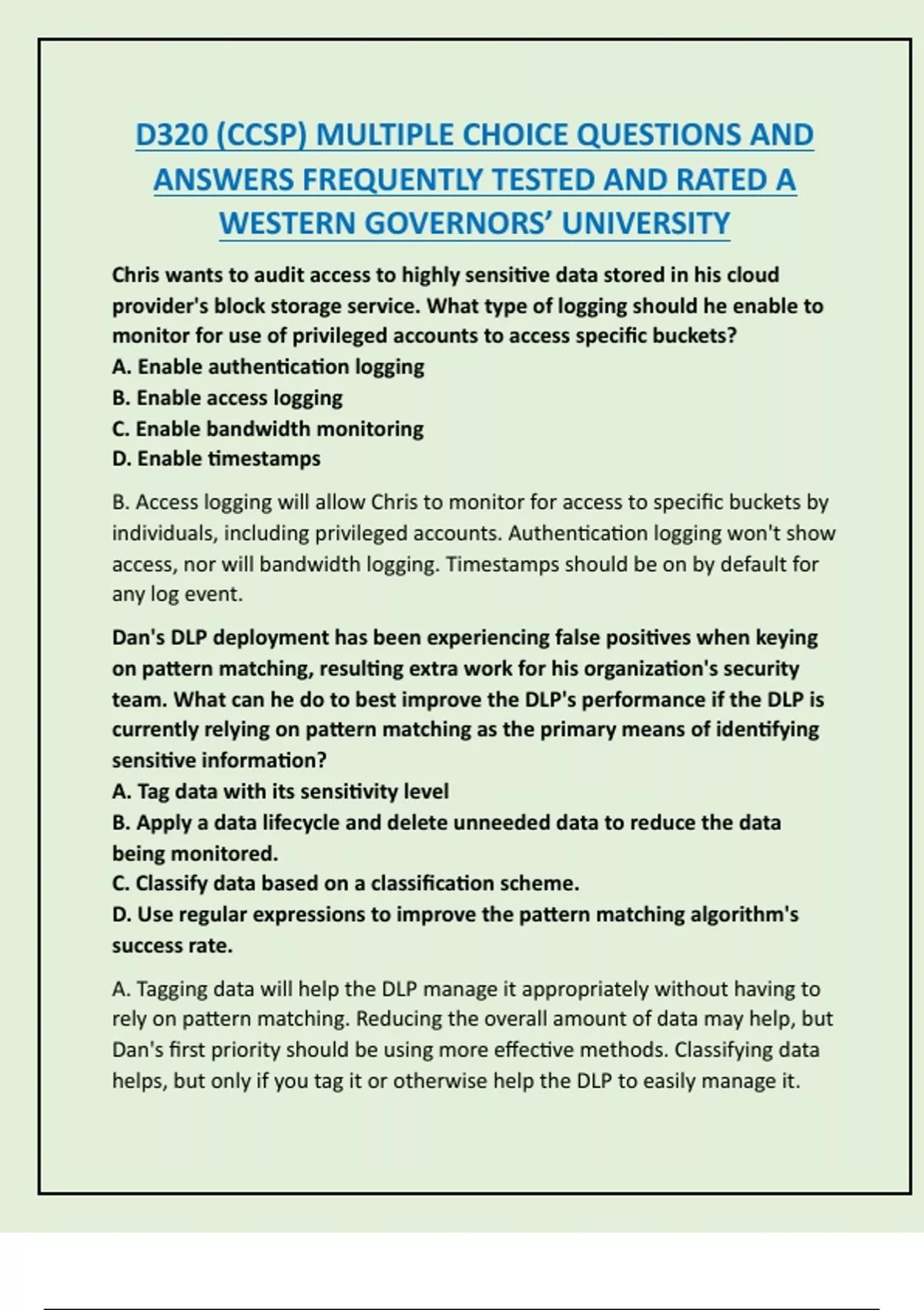 D320 (CCSP) MULTIPLE CHOICE QUESTIONS AND ANSWERS FREQUENTLY TESTED AND ...