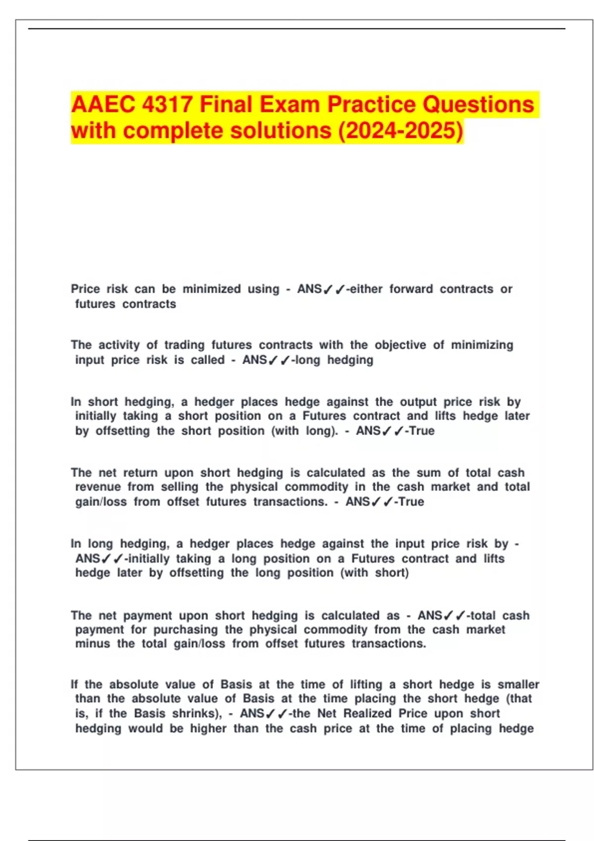 AAEC 4317 Final Exam Practice Questions with complete solutions ...