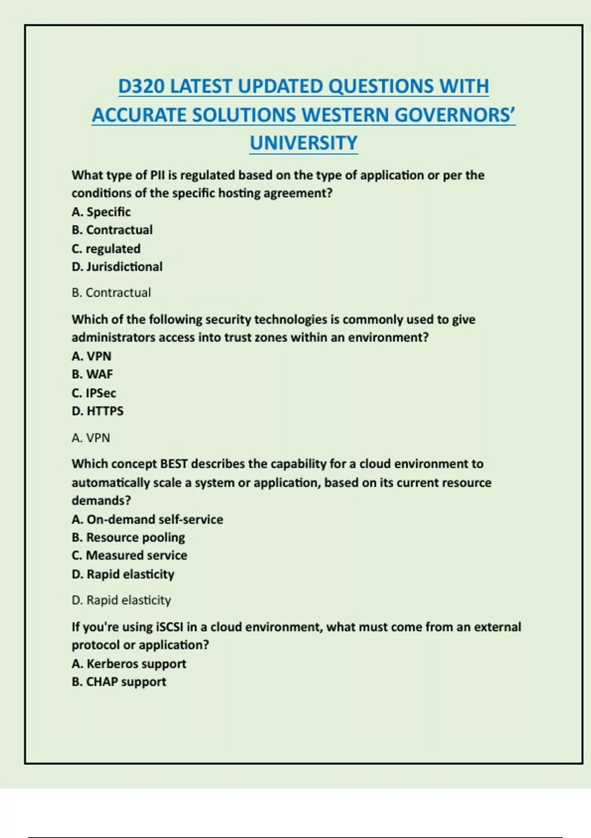 D320 LATEST UPDATED QUESTIONS WITH ACCURATE SOLUTIONS WESTERN GOVERNORS ...