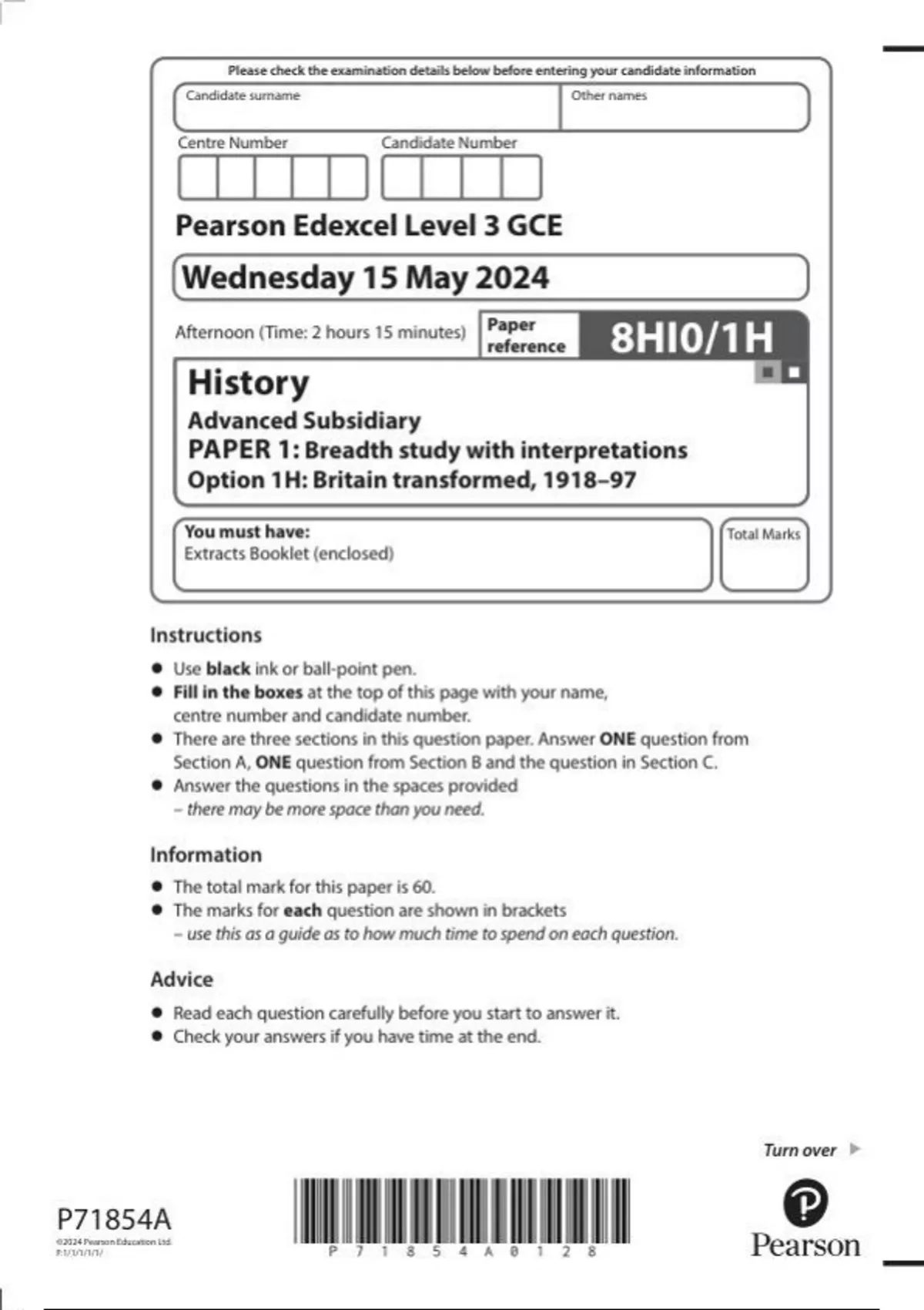 Pearson Edexcel Level 3 GCE History Advanced Subsidiary PAPER 1 ...