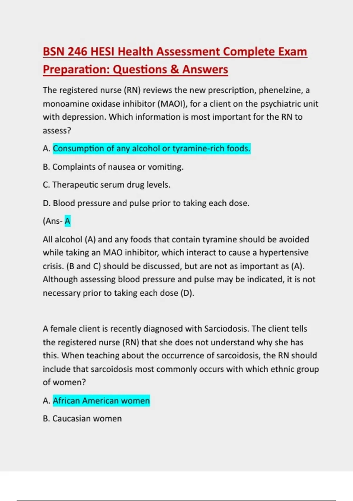 BSN 246 HESI Health Assessment Complete Exam Preparation: Questions ...