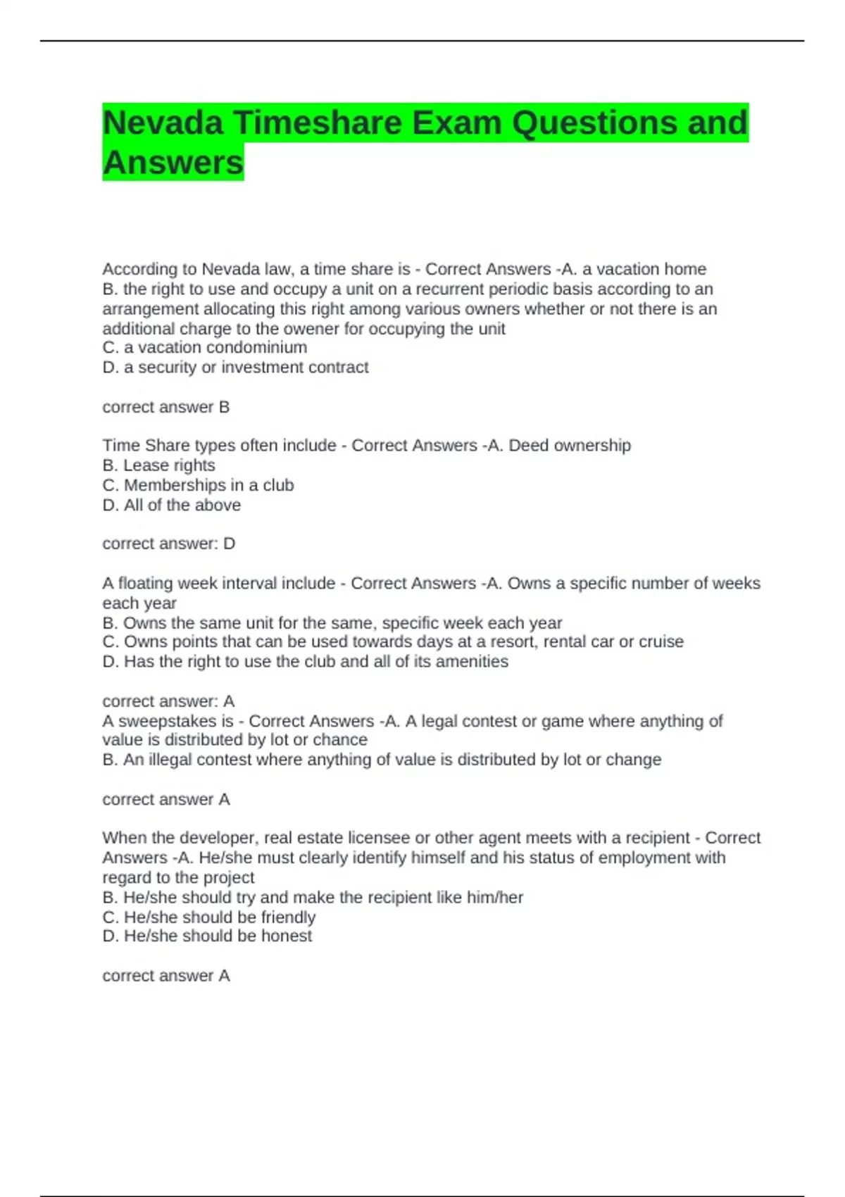 Nevada Timeshare Exam Questions and Answers 2025 - Timeshare - Stuvia US
