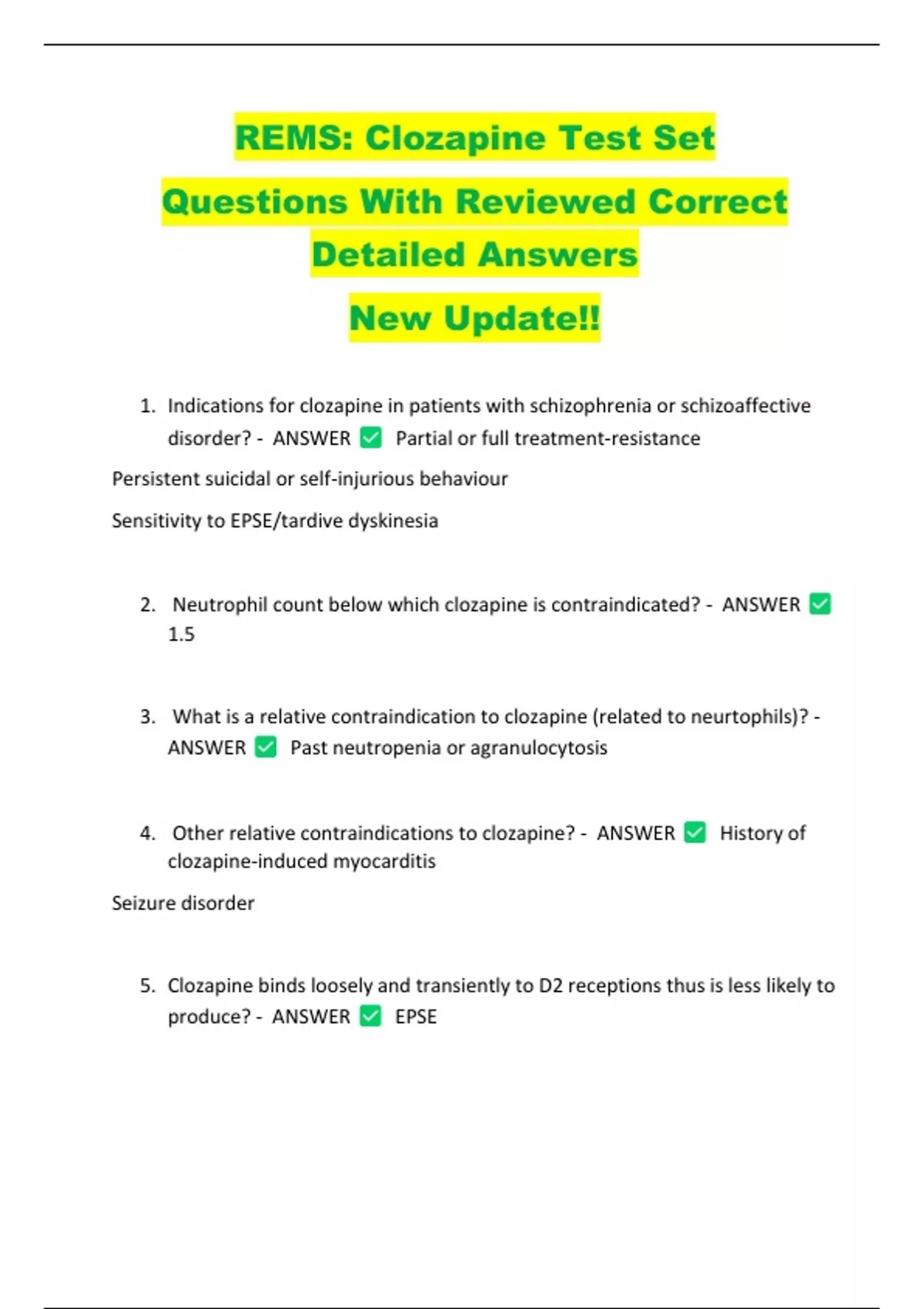 REMS: Clozapine Test Set Questions With Reviewed Correct Detailed ...