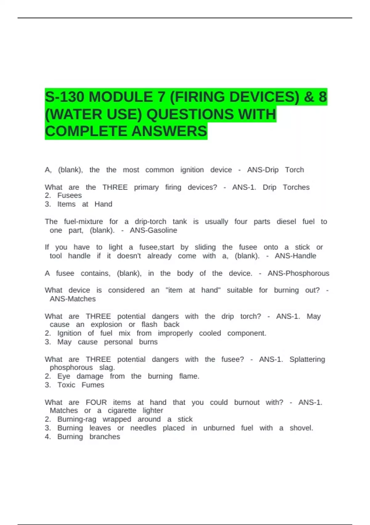 S-130 MODULE 7 (FIRING DEVICES) & 8 (WATER USE) QUESTIONS WITH COMPLETE ...