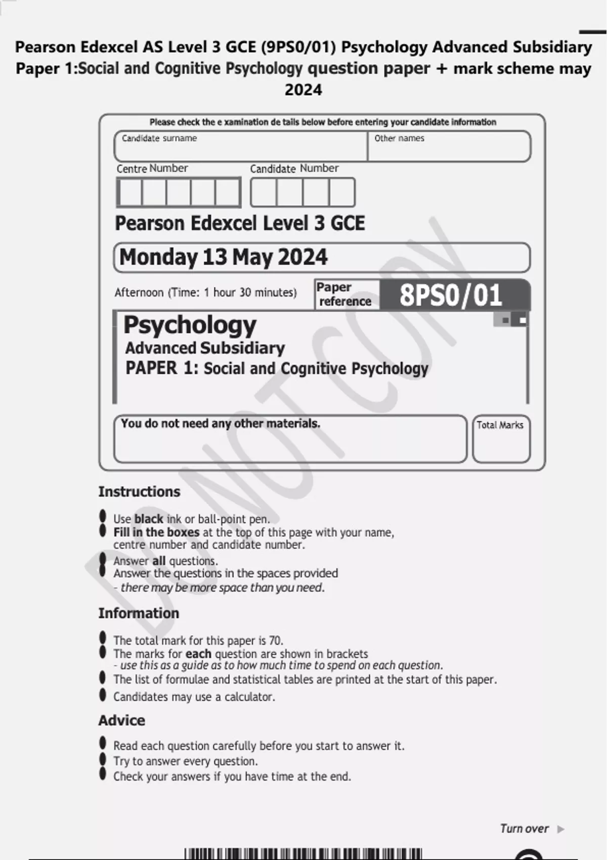 Pearson Edexcel AS Level 3 GCE (8PS0/01) Psychology Advanced Subsidiary ...
