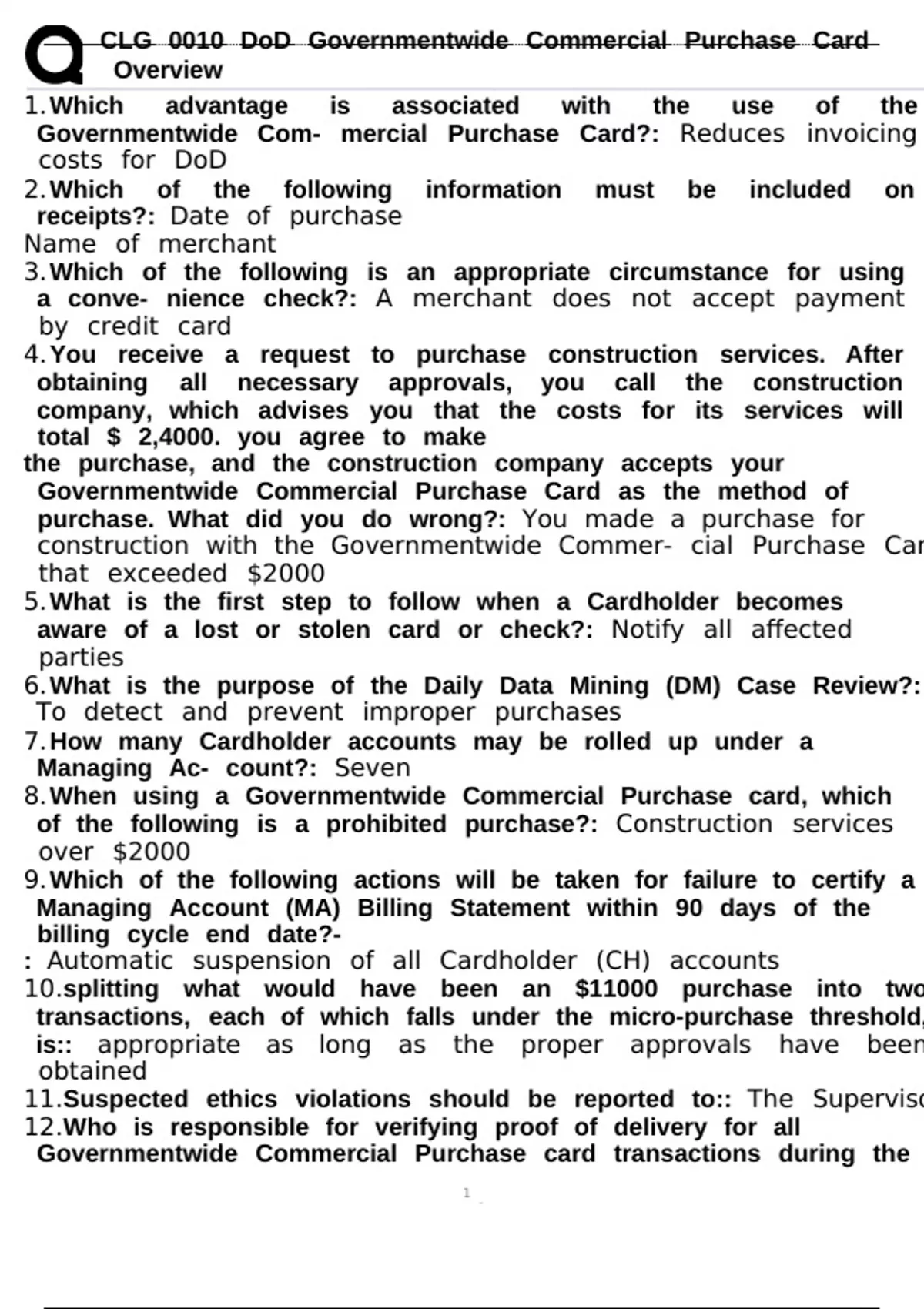 CLG 0010 DoD Governmentwide Commercial Purchase Card Overview questions ...