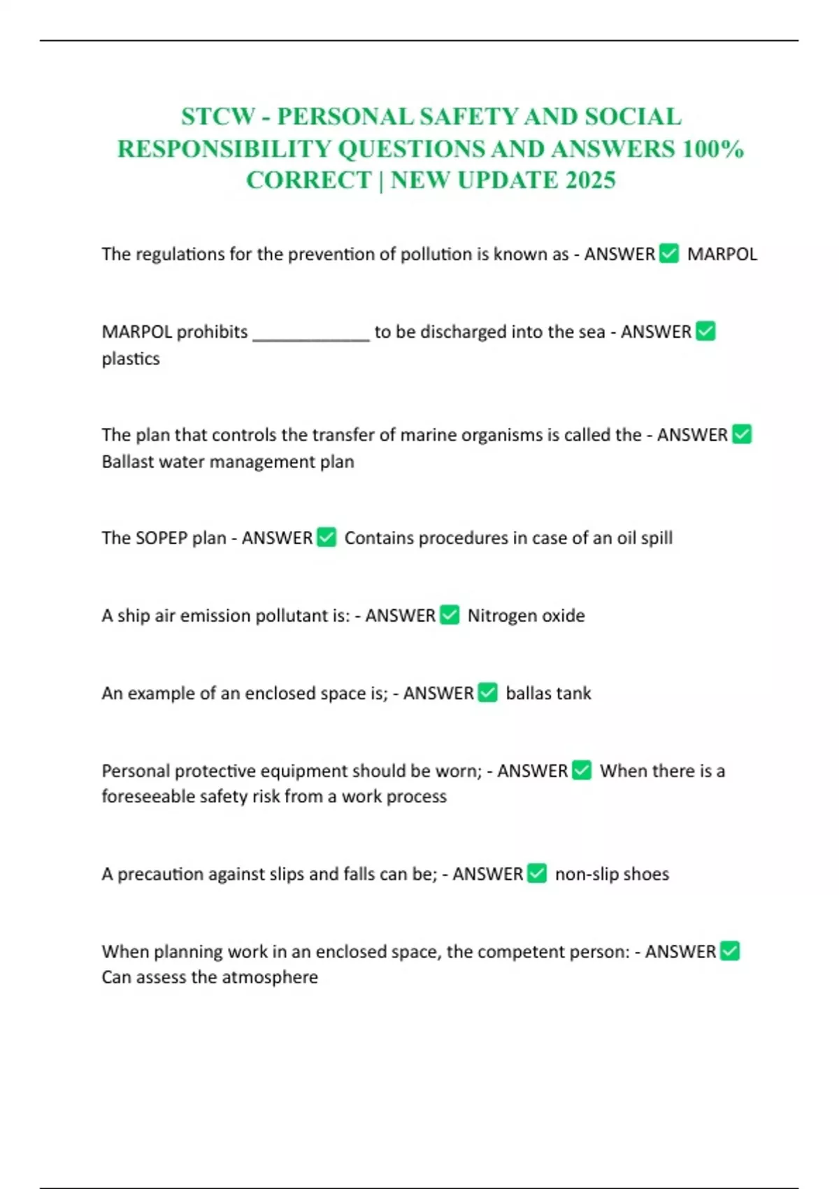 STCW - PERSONAL SAFETY AND SOCIAL RESPONSIBILITY QUESTIONS AND ANSWERS ...