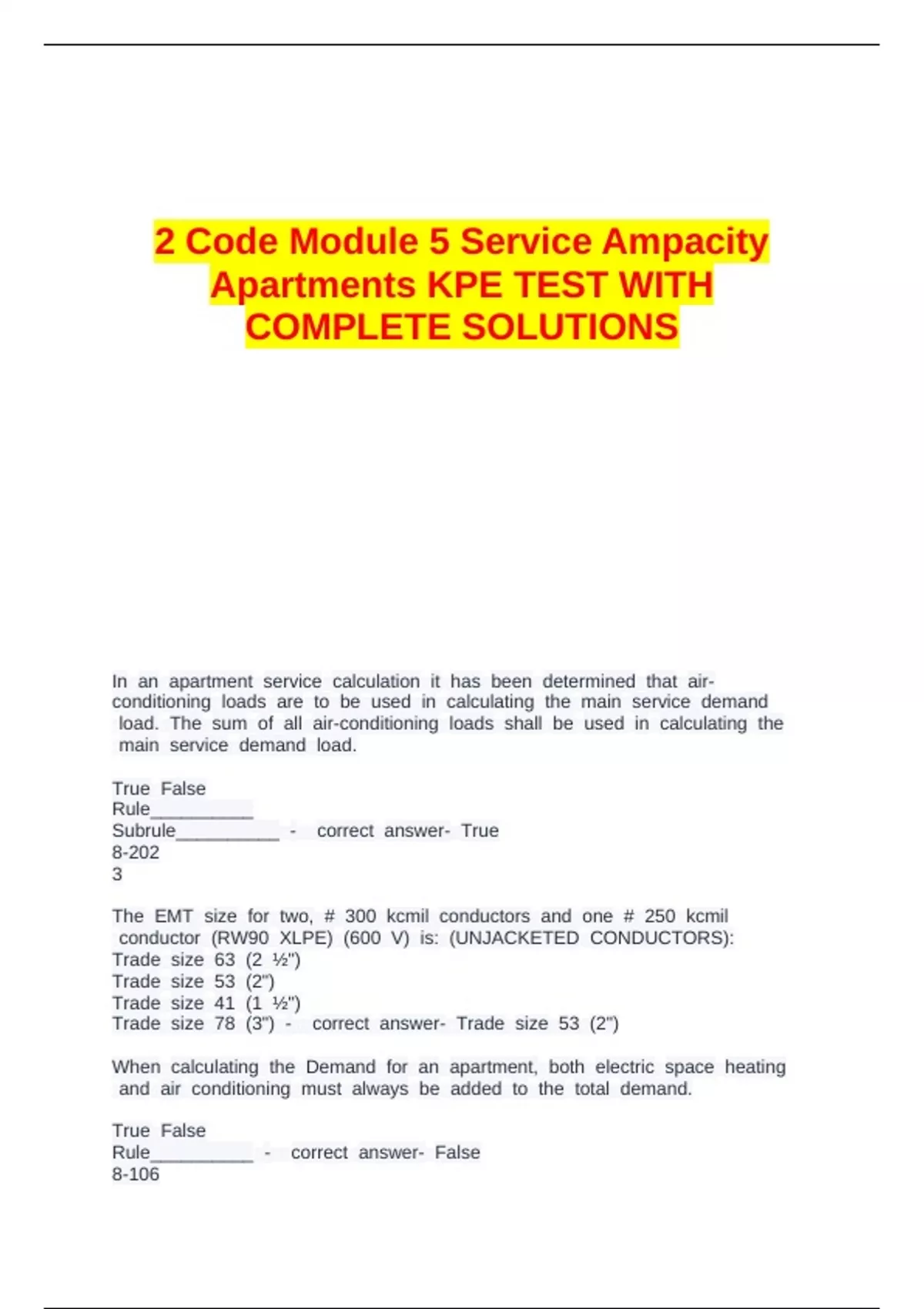 2 Code Module 5 Service Ampacity Apartments KPE TEST WITH COMPLETE ...
