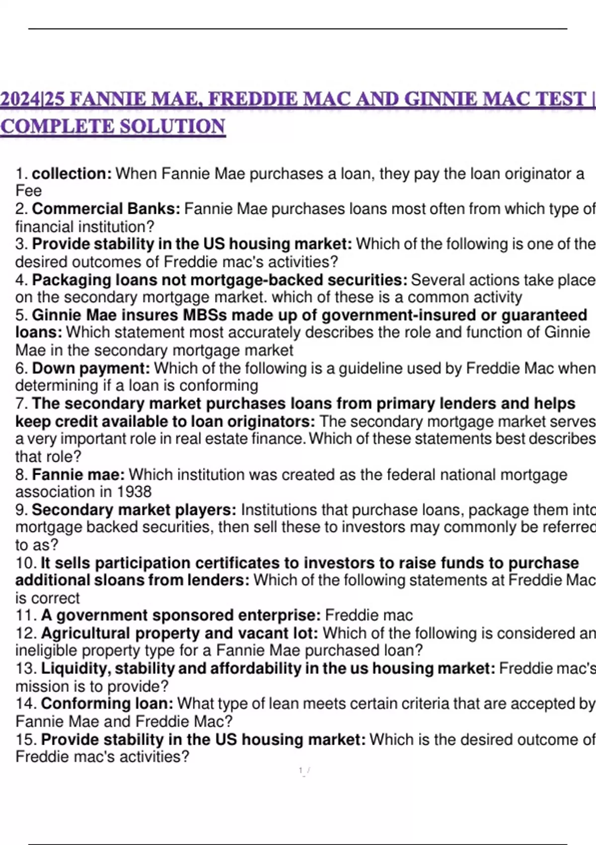 2024|25 FANNIE MAE, FREDDIE MAC AND GINNIE MAC TEST | COMPLETE SOLUTION ...