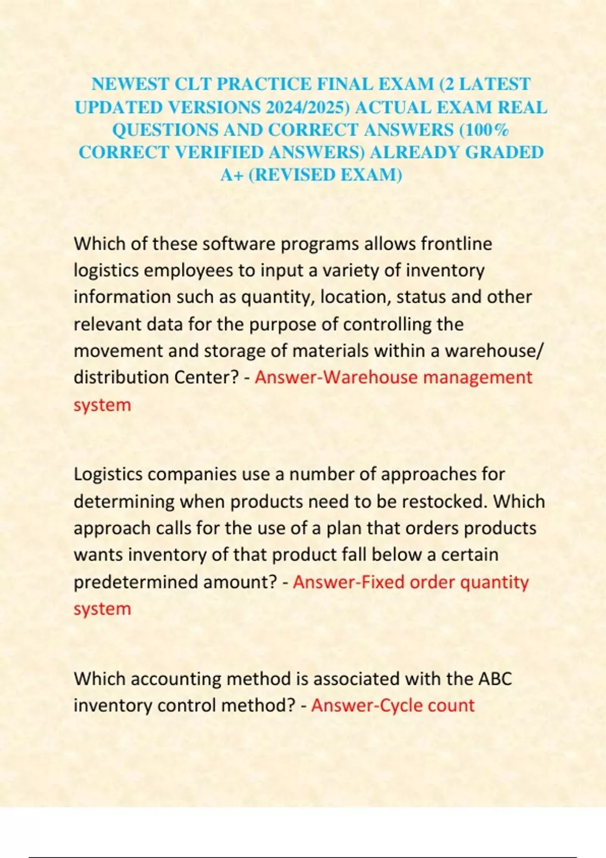 NEWEST CLT PRACTICE FINAL EXAM (2 LATEST UPDATED VERSIONS 2024/2025 ...