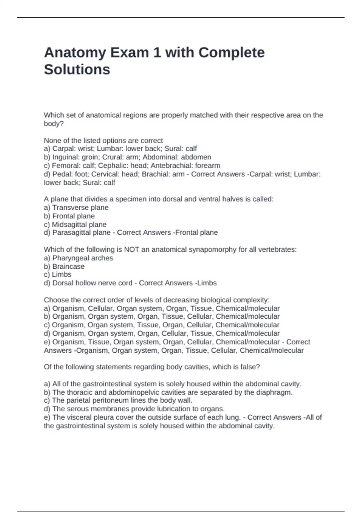 Anatomy Exam 1 with Complete Solutions - Human anatomy - Stuvia US