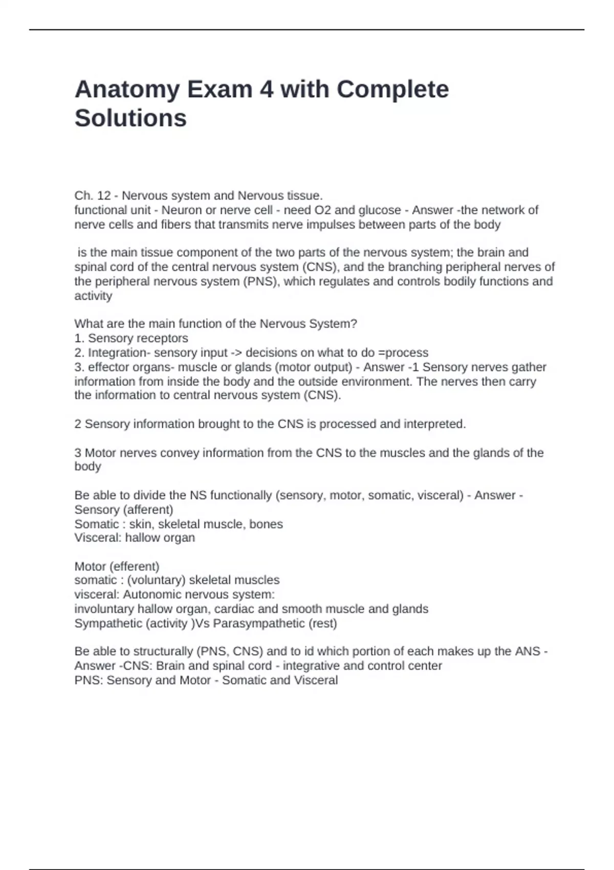 Anatomy Exam 4 with Complete Solutions - Human anatomy - Stuvia US