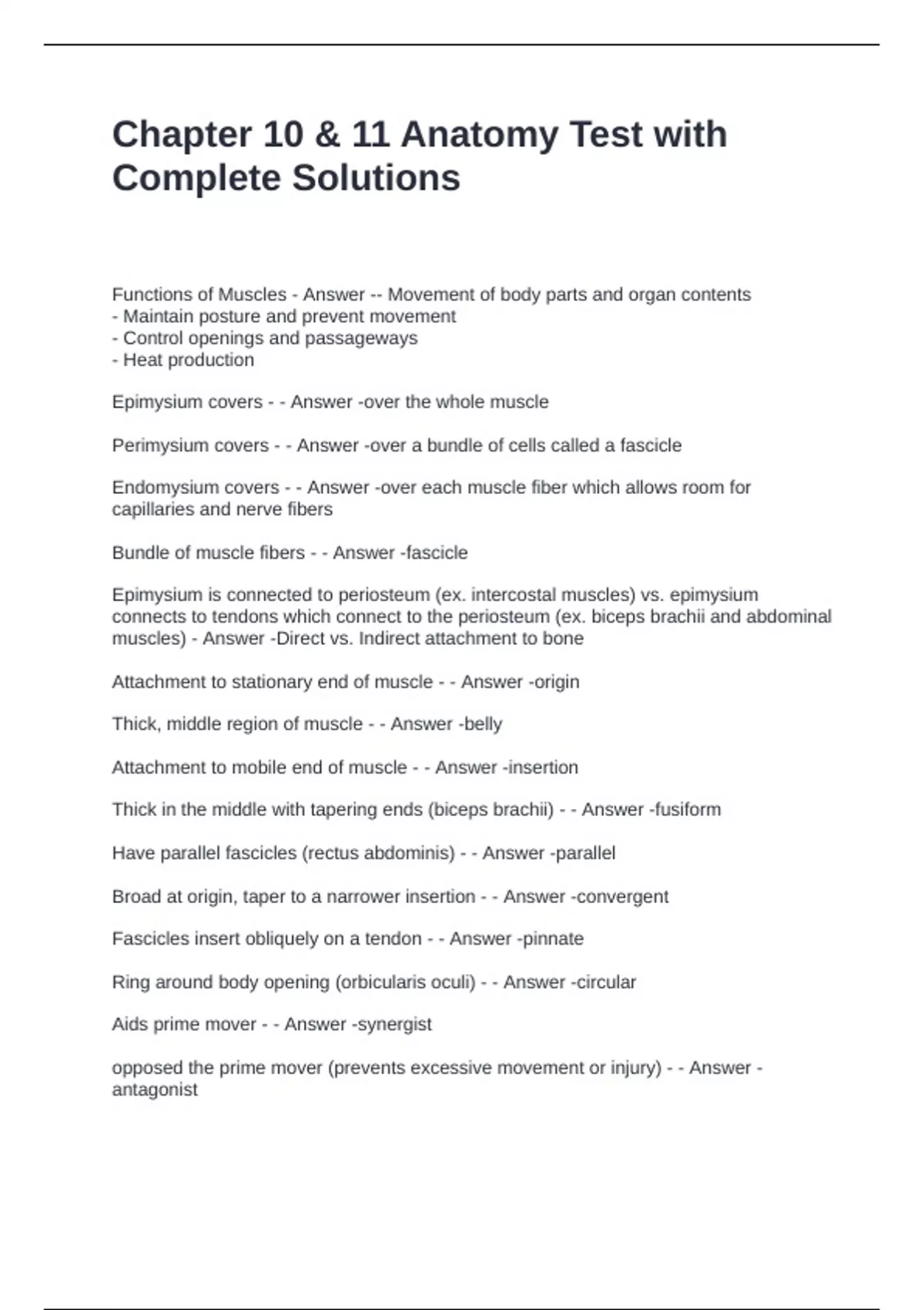 Chapter 10 & 11 Anatomy Test with Complete Solutions - Human anatomy ...