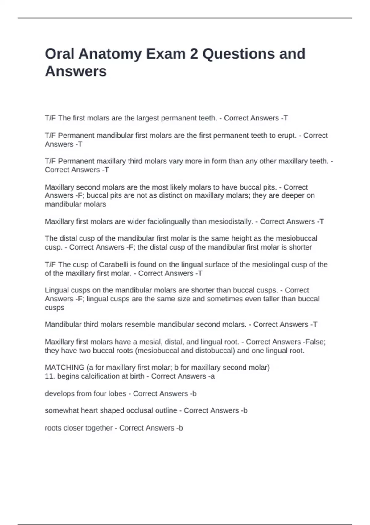 Oral Anatomy Exam 2 Questions and Answers - Human anatomy - Stuvia US