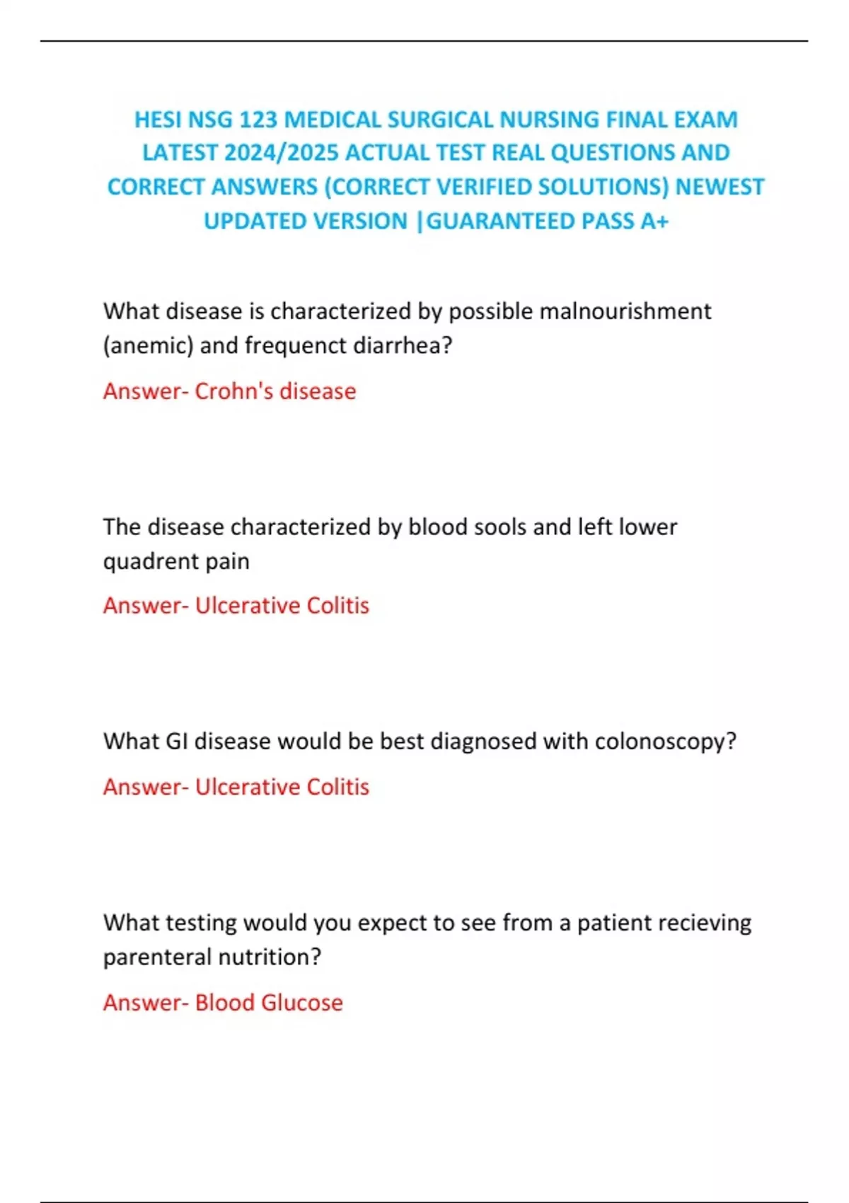 HESI NSG 123 MEDICAL SURGICAL NURSING FINAL EXAM LATEST 2024/2025 ...
