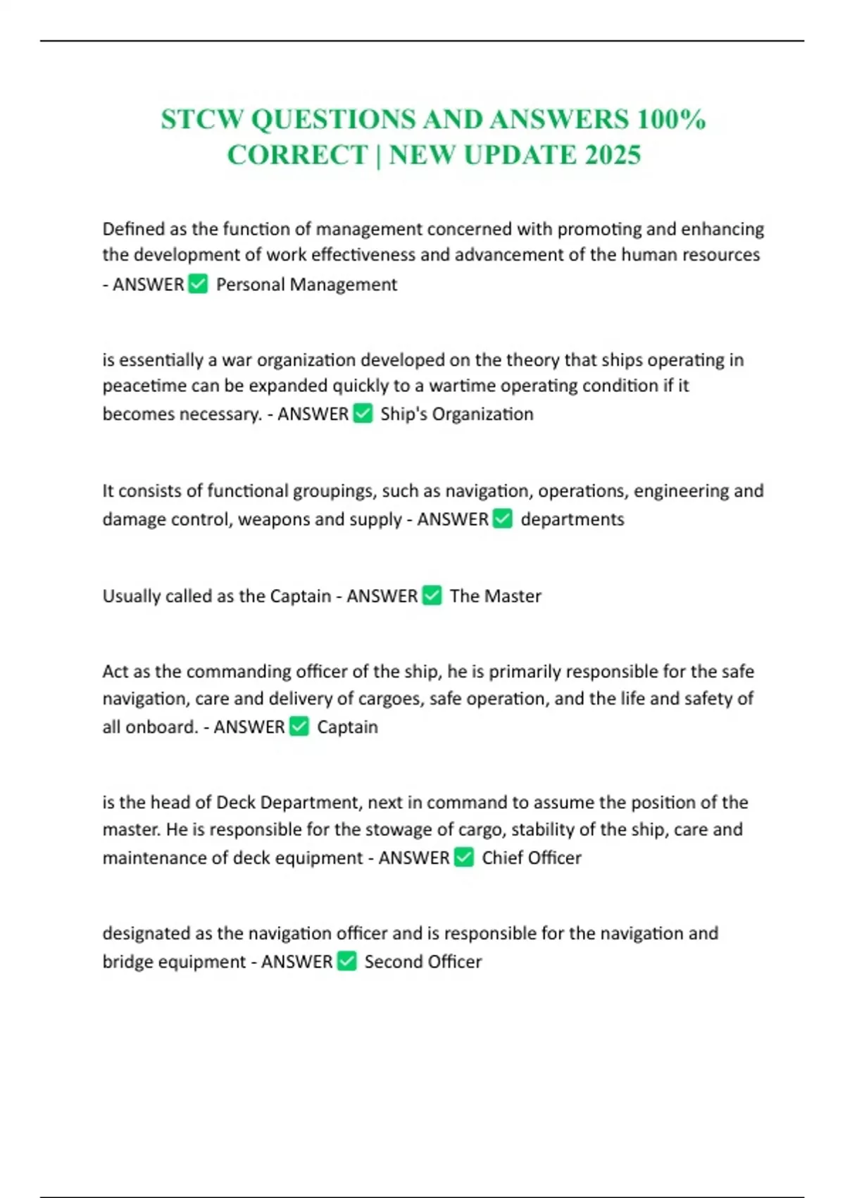 STCW QUESTIONS AND ANSWERS 100% CORRECT | NEW UPDATE 2025 - STCW ...