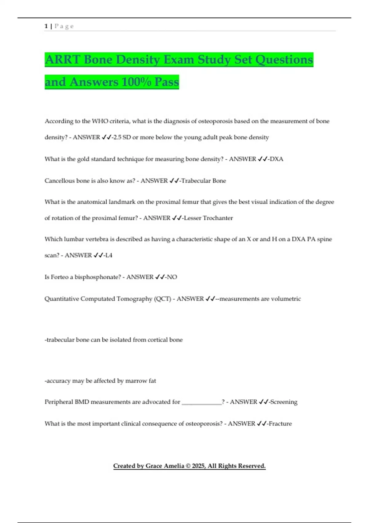 ARRT Bone Density Exam Study Set Questions and Answers 100% Pass - Bone ...