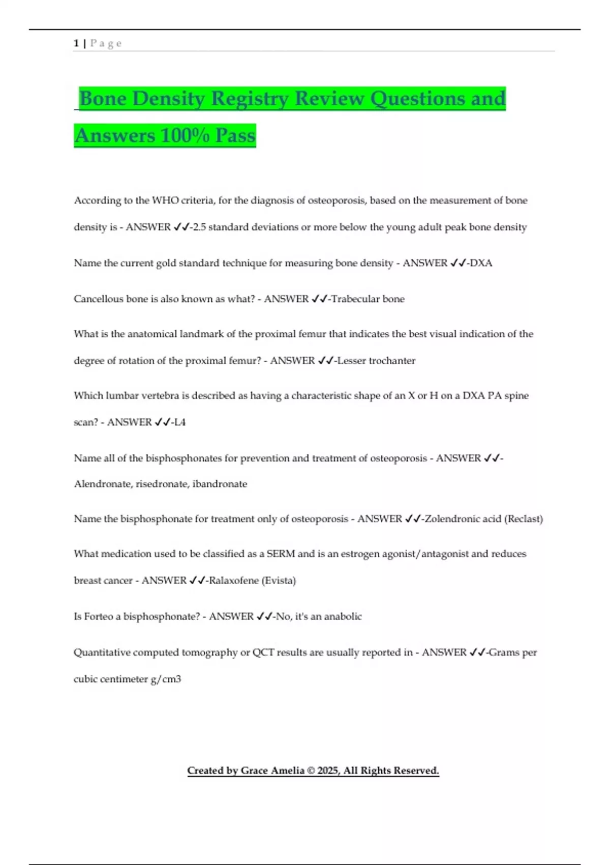 Bone Density Registry Review Questions and Answers 100% Pass - Bone ...