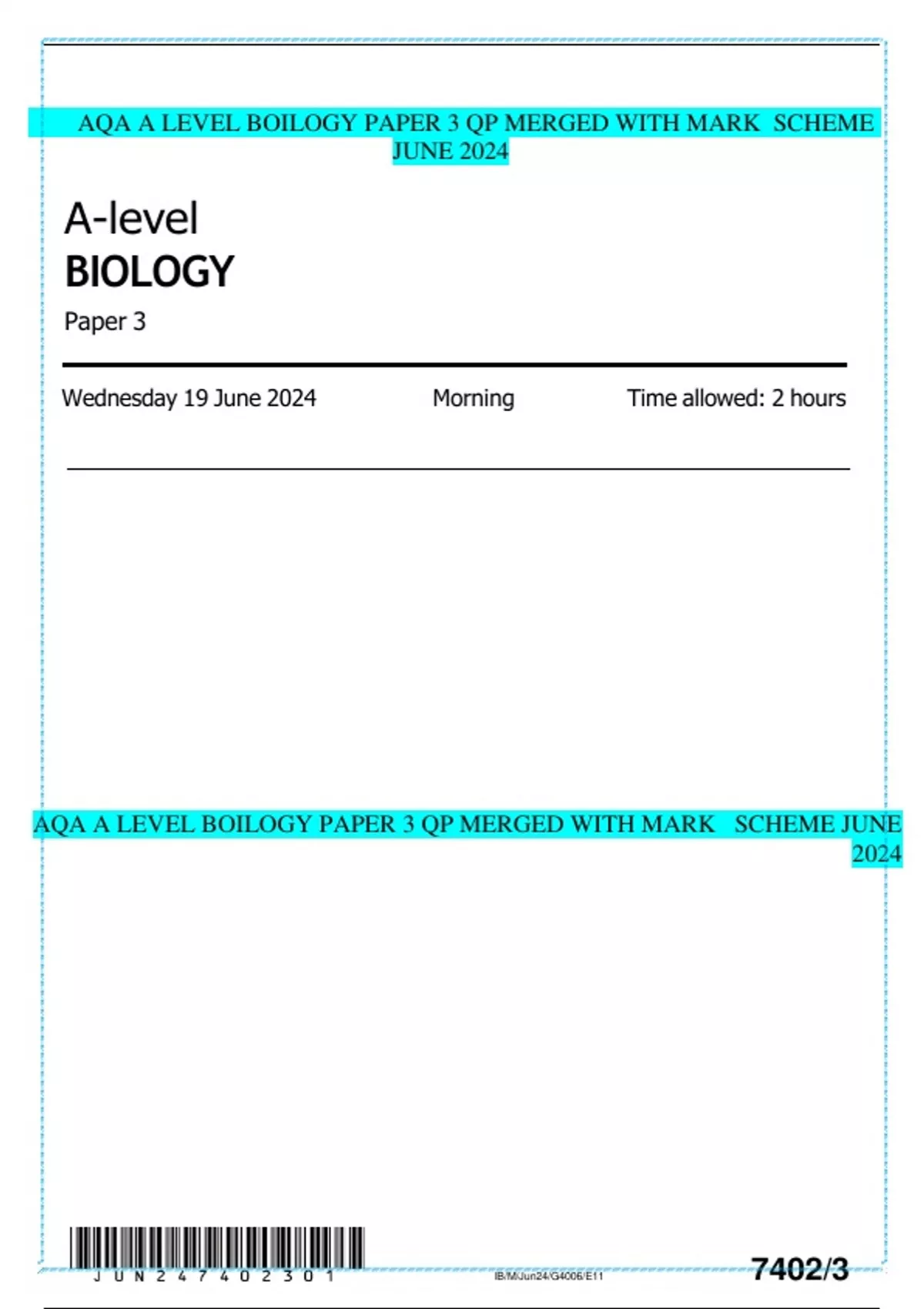 AQA A LEVEL BIOLOGY PAPER 1 , 2 and 3 QP MERGED WITH MARK SCHEME JUNE 2024 - Stuvia US