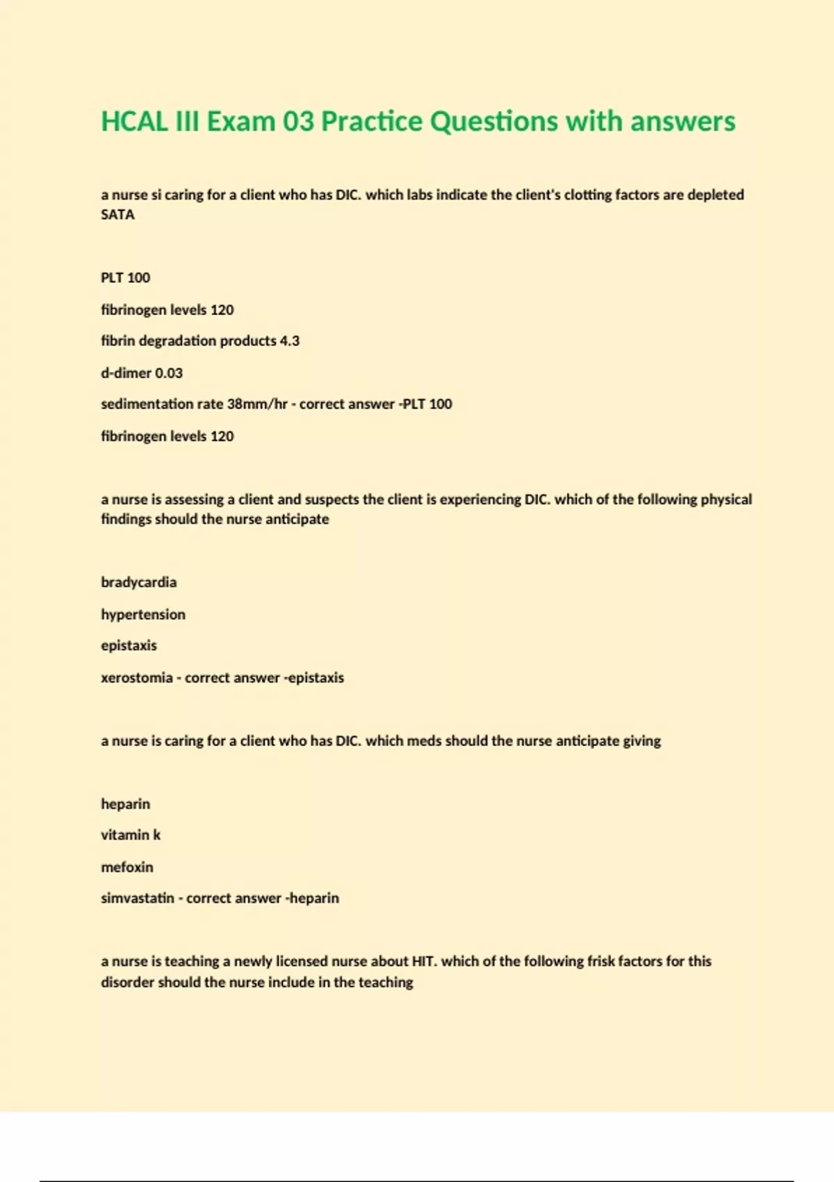 HCAL III Exam 03 Practice Questions with answers - PAWP - Stuvia US