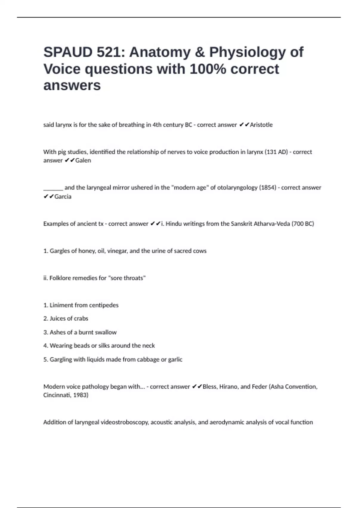 SPAUD 521: Anatomy & Physiology of Voice questions with 100% correct ...
