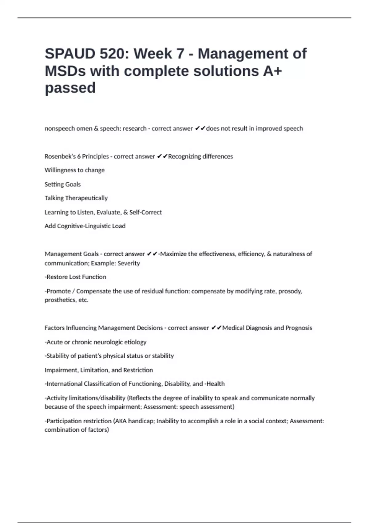 SPAUD 520: Week 7 - Management of MSDs with complete solutions A+ ...