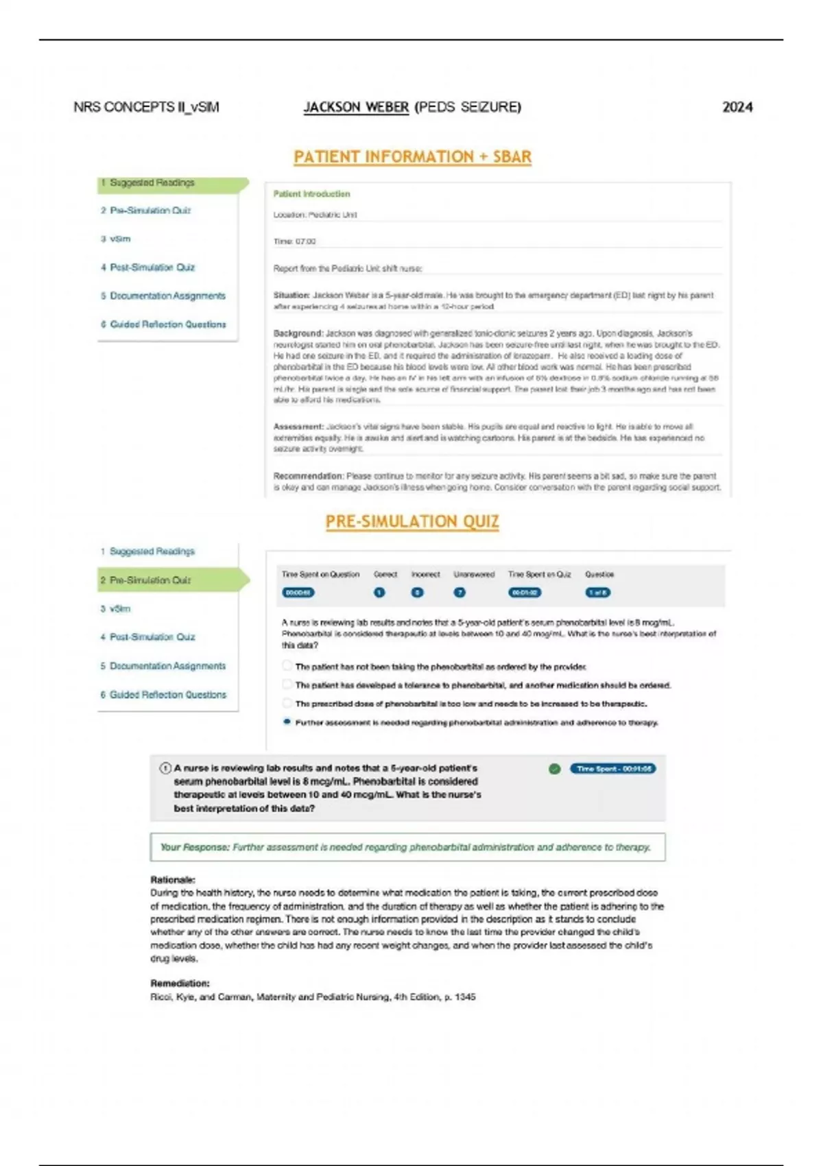 NRS CONCEPTS II vSIM JACKSON WEBER (PEDS SEIZURE) 2024;prequiz - step ...