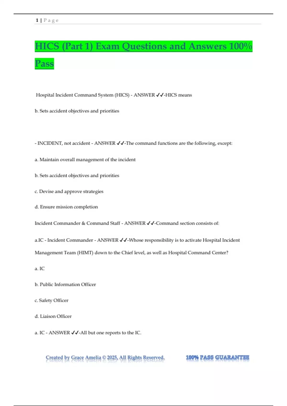 HICS (Part 1) Exam Questions and Answers 100% Pass - HICS - Stuvia US