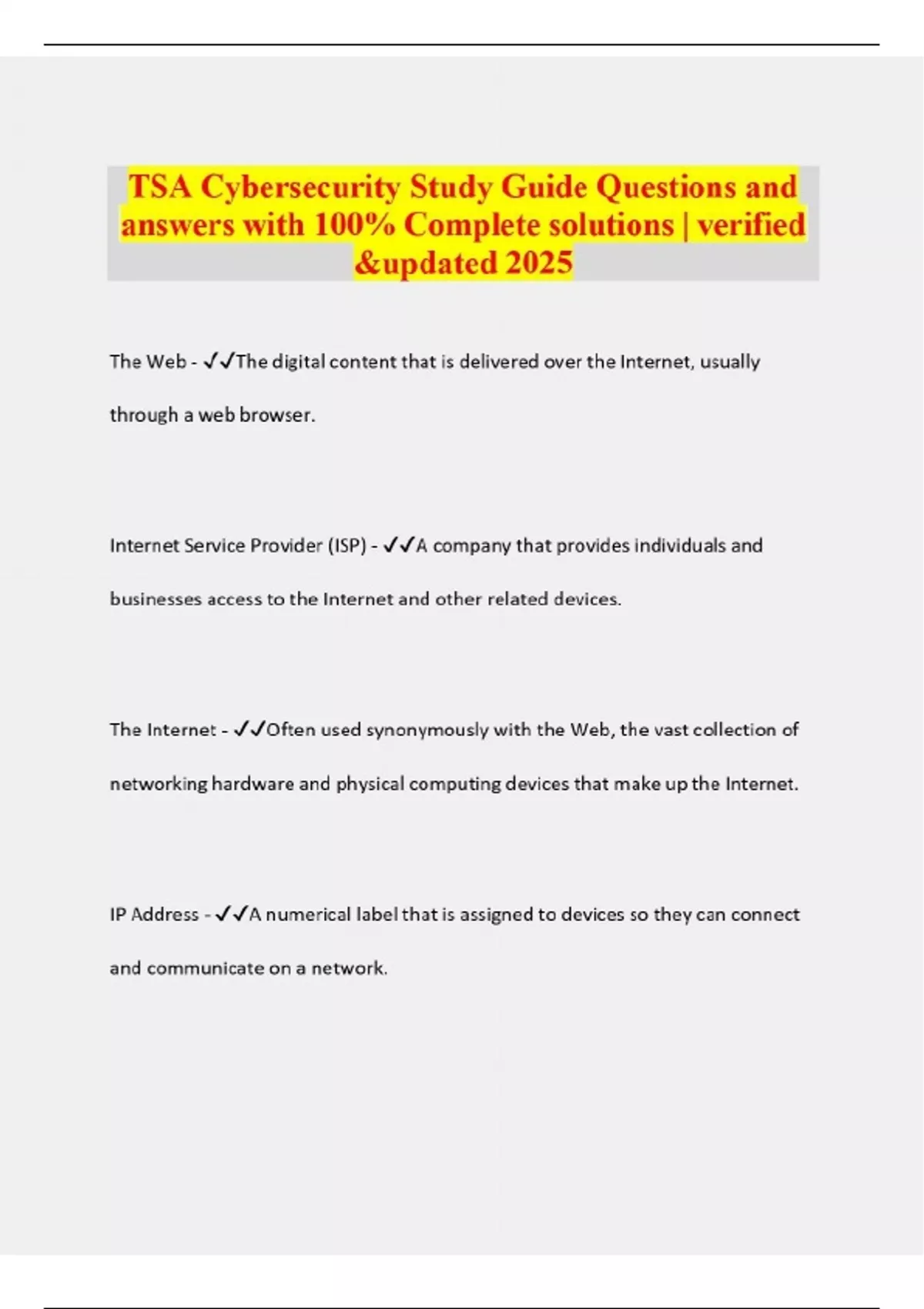 TSA Cybersecurity Study Guide Questions and answers with 100% Complete solutions | verified ...