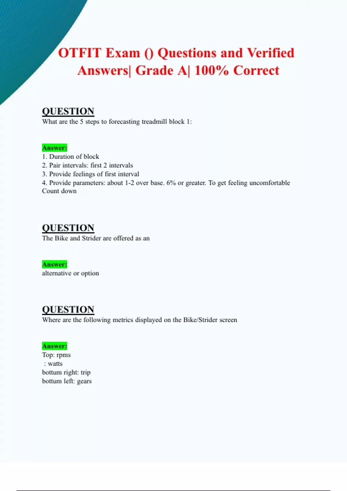 OTFIT Exam (2025/ 2026) Questions and Verified Answers| Grade A| 100% ...