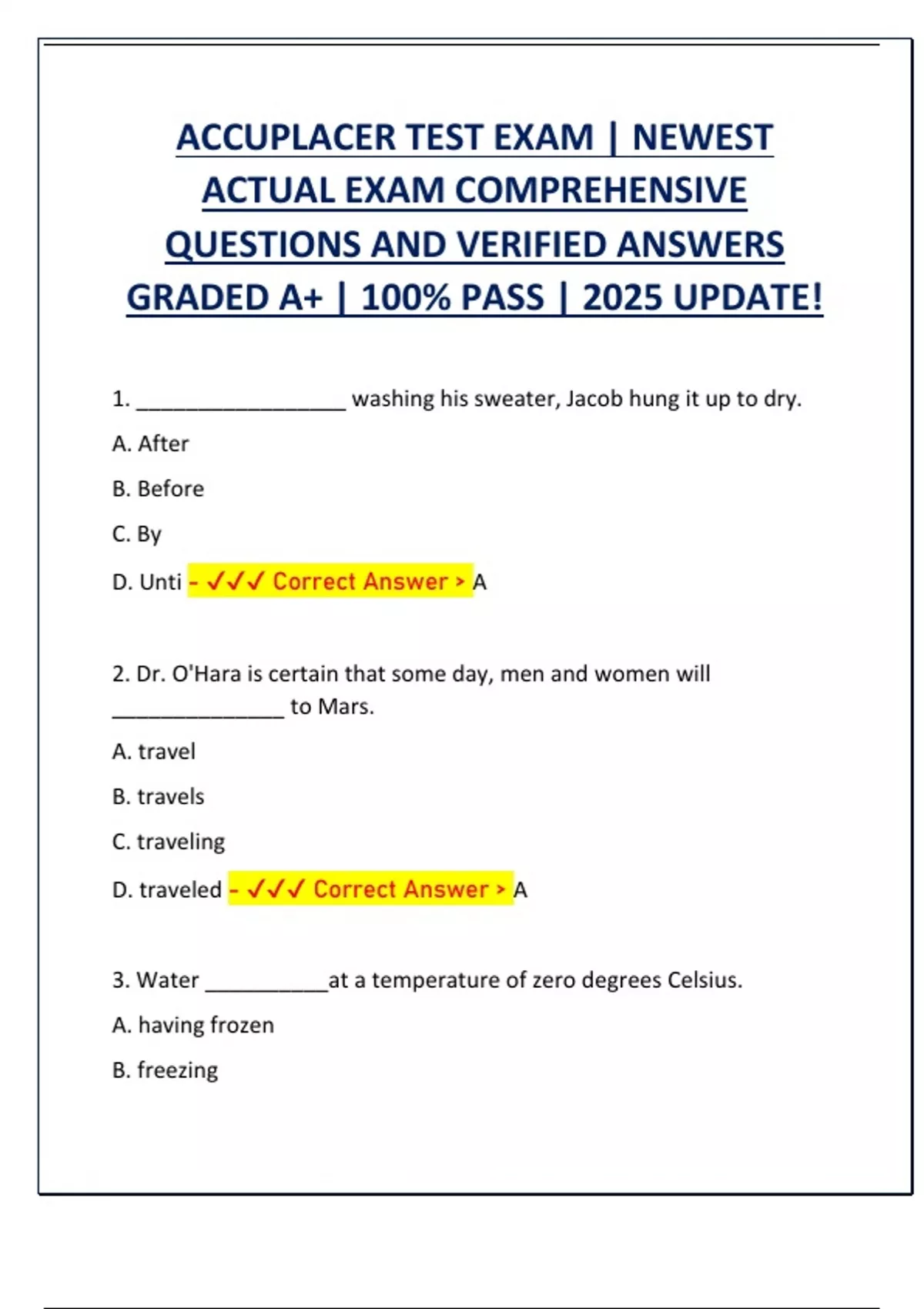 ACCUPLACER TEST EXAM | NEWEST ACTUAL EXAM COMPREHENSIVE QUESTIONS AND ...