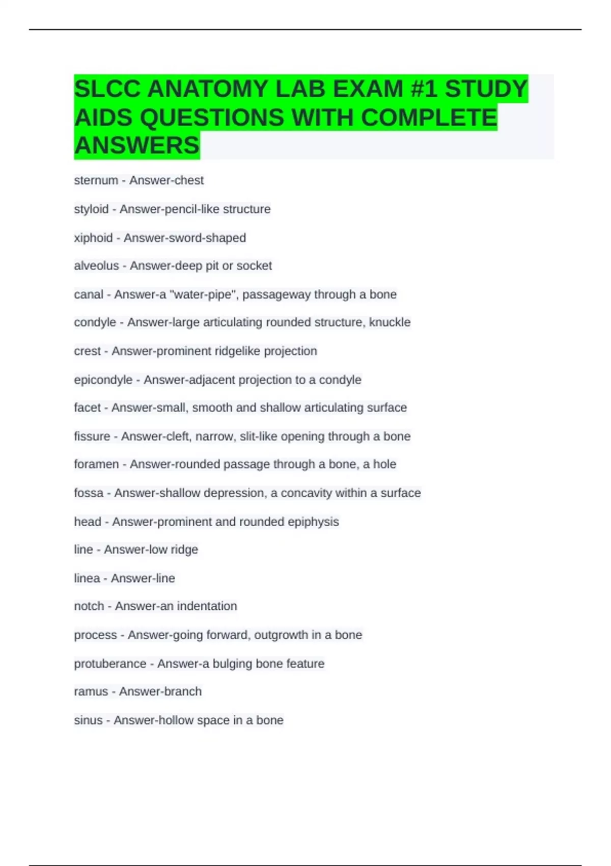 SLCC ANATOMY LAB EXAM #1 STUDY AIDS QUESTIONS WITH COMPLETE ANSWERS ...