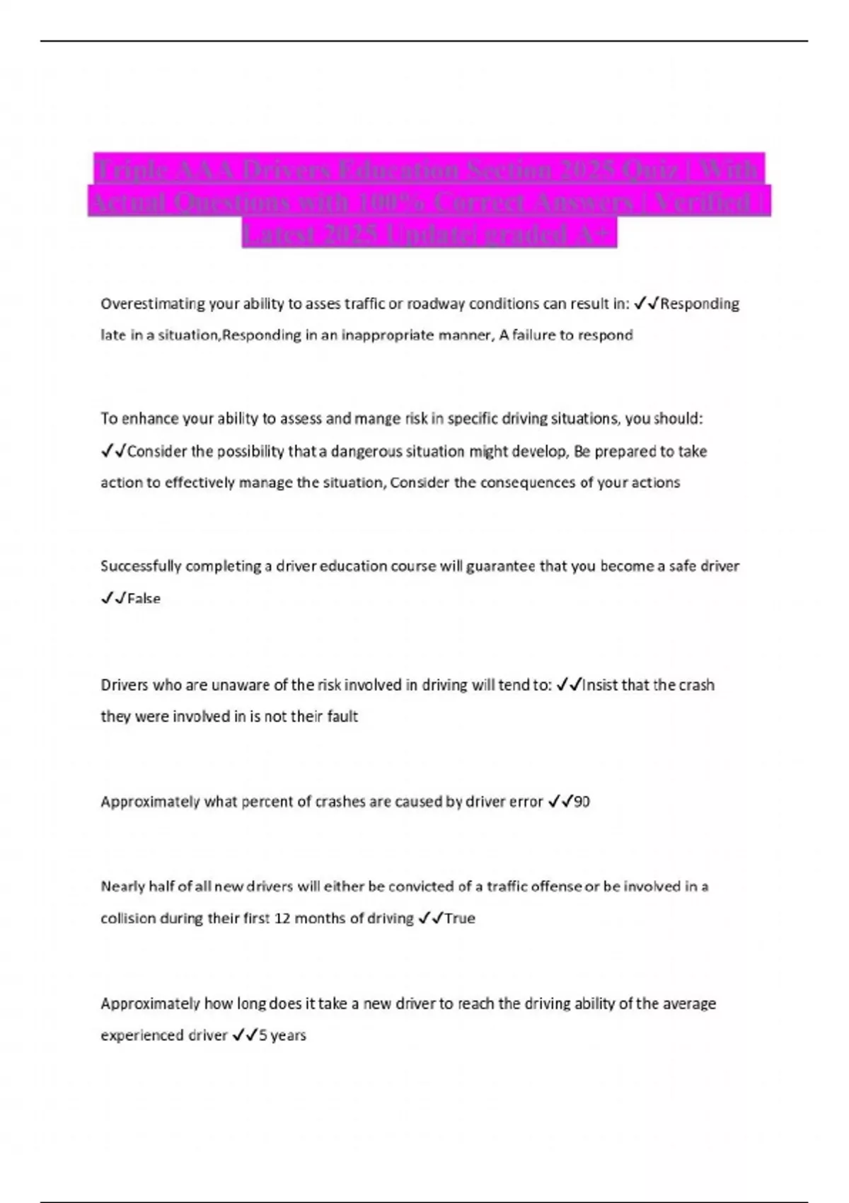 Triple AAA Drivers Education Section 2025 Quiz | With Actual Questions ...