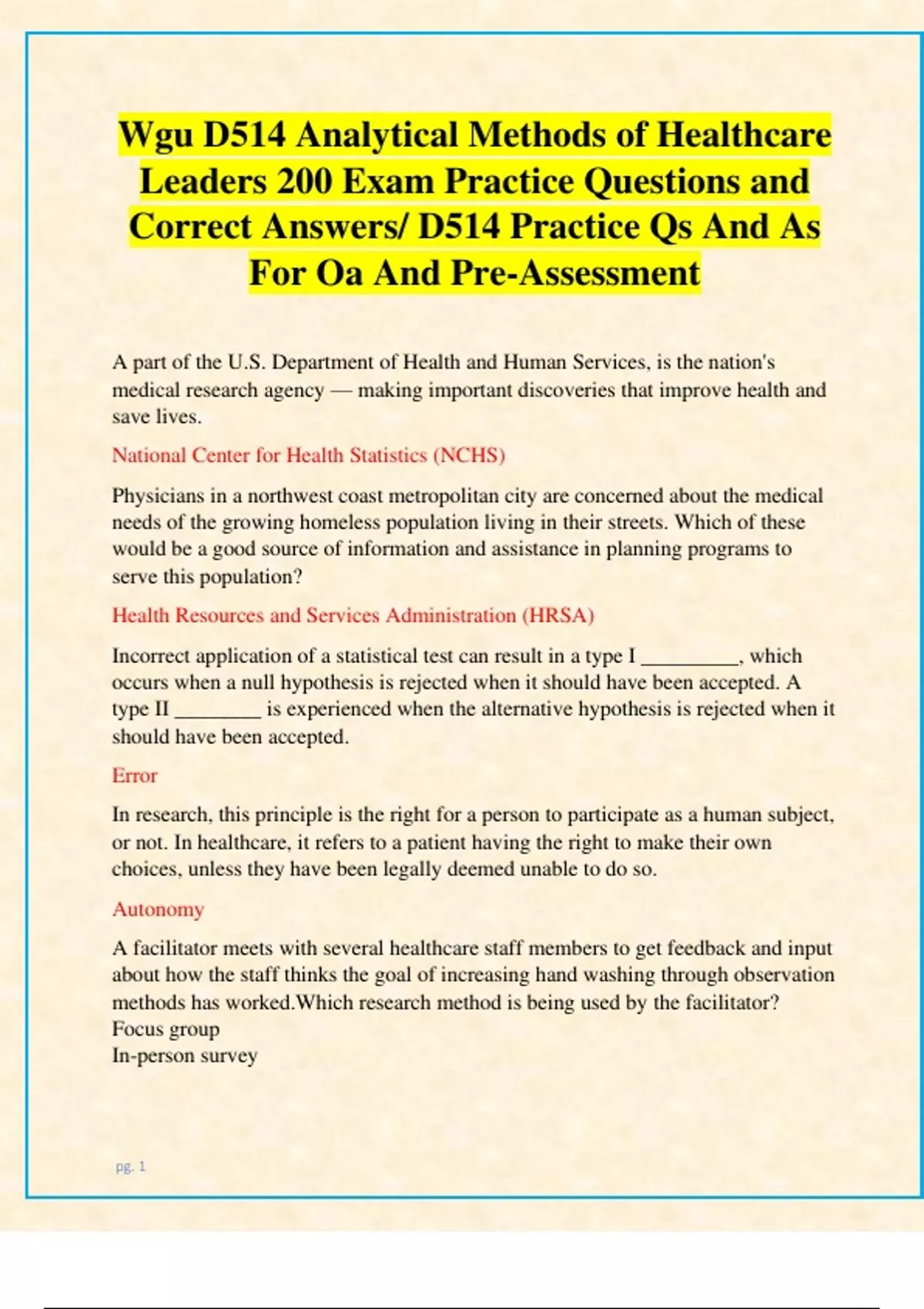 Wgu D514 Analytical Methods of Healthcare Leaders 200 Exam Practice ...