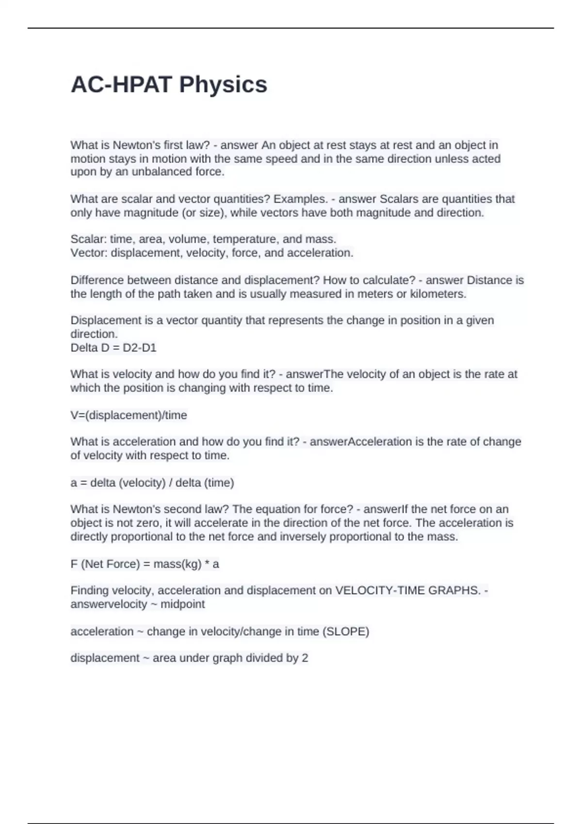 AC-HPAT Physics Questions and Answers 2024 - AC-HPAT - Stuvia US