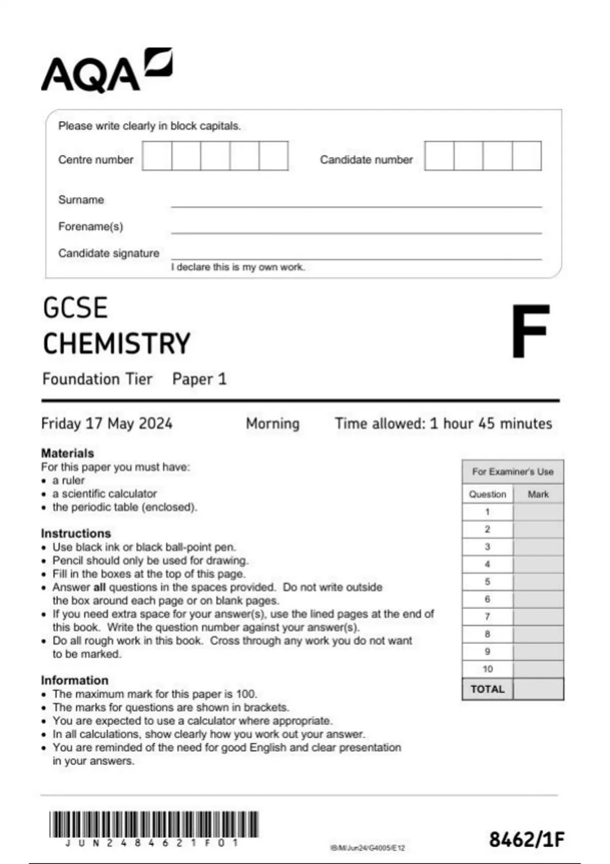 AQA GCSE CHEMISTRY 8462-1F Foundation Tier Paper 1 question paper june ...