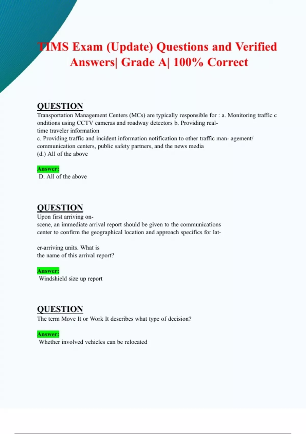 TIMS Exam (2025/ 2026) Questions and Verified Answers| Grade A| 100% ...