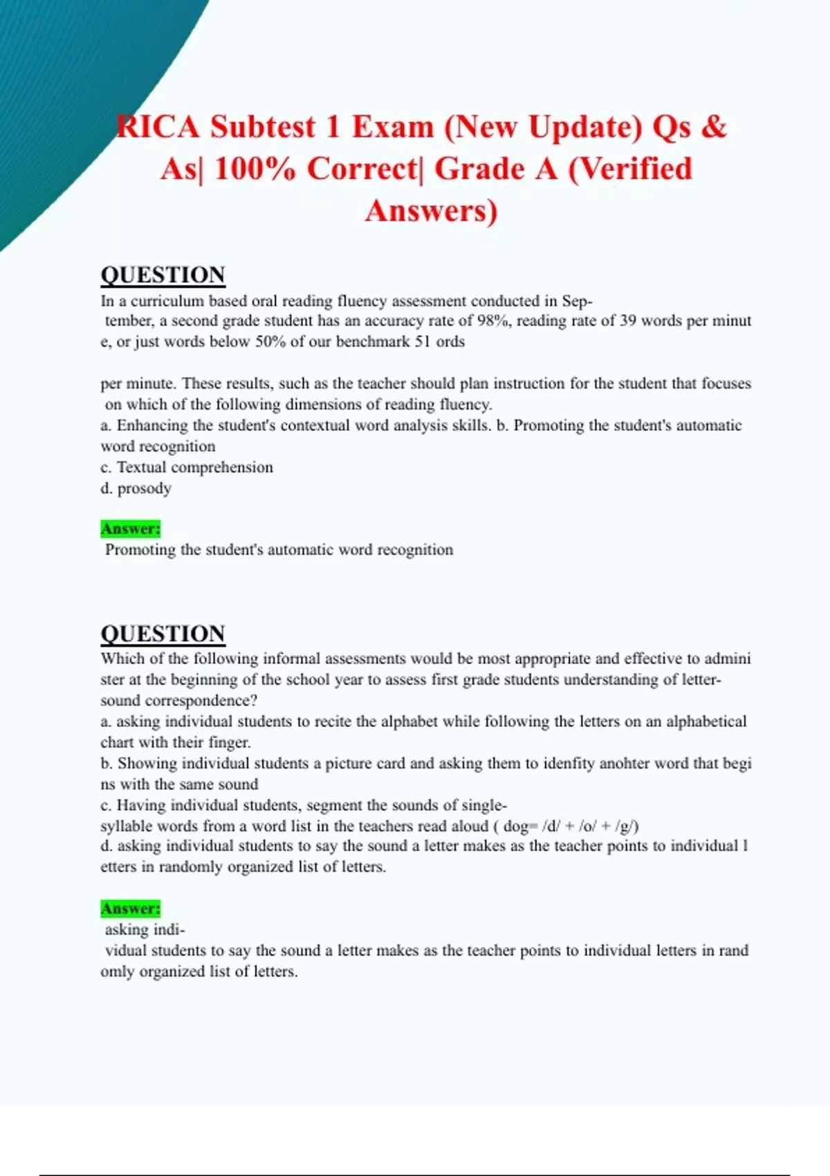 RICA Subtest 1 Exam (New 2025/ 2026 Update) Qs & As| Grade A| 100% ...