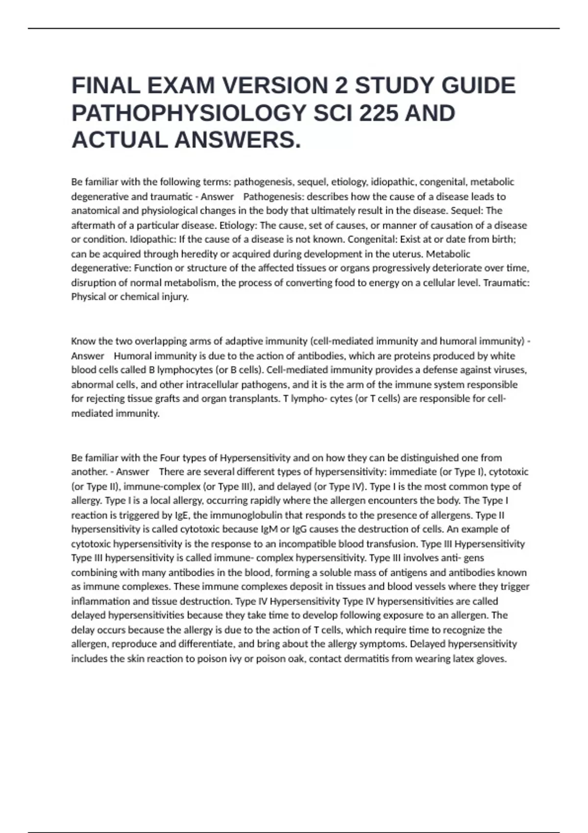 SCI 225 Pathophysiology Exams Package Deal Bundle Updated !! - Stuvia US
