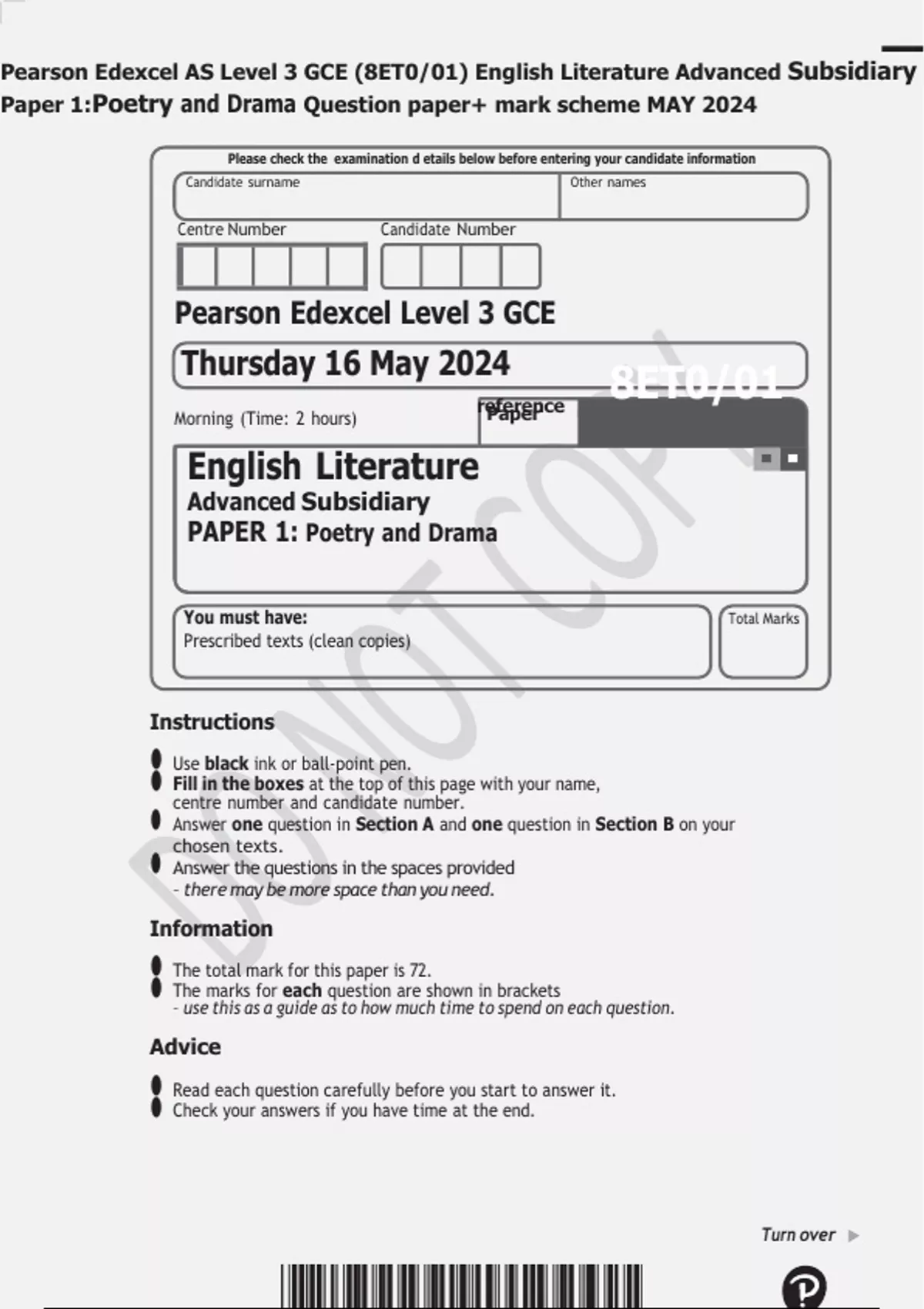 Pearson Edexcel AS Level 3 GCE (8ET0) English Literature Advanced ...