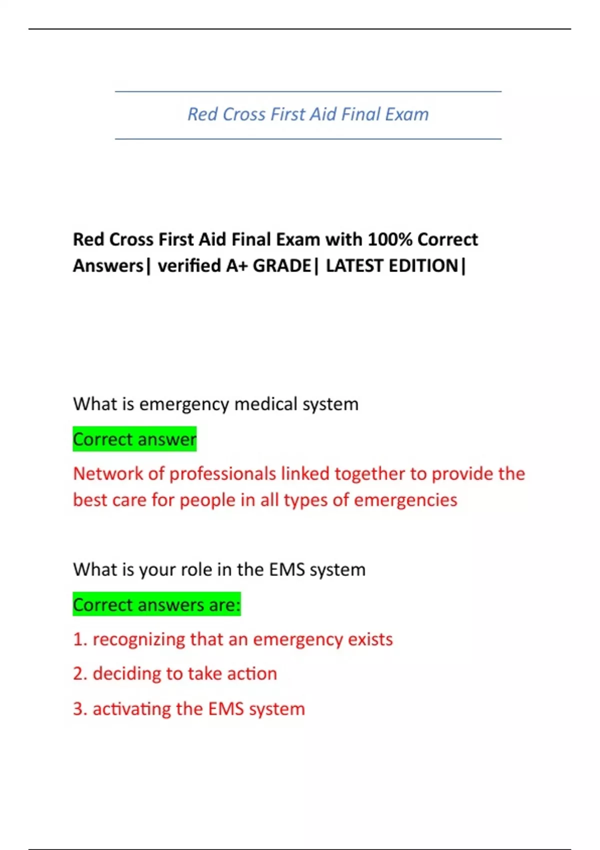 Red Cross First Aid Final Exam with 100% Correct Answers| verified A+ ...