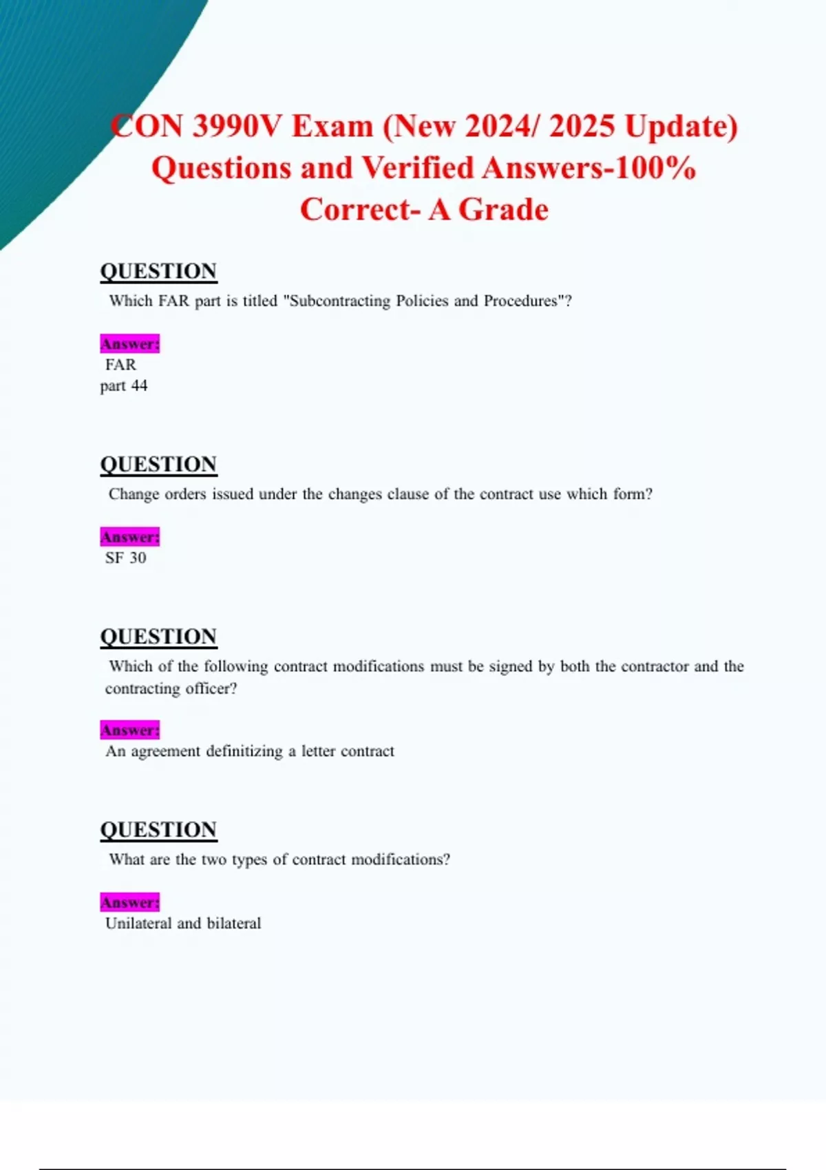 CON 3990V Exam (New 2024/ 2025 Update) Questions and Verified Answers ...