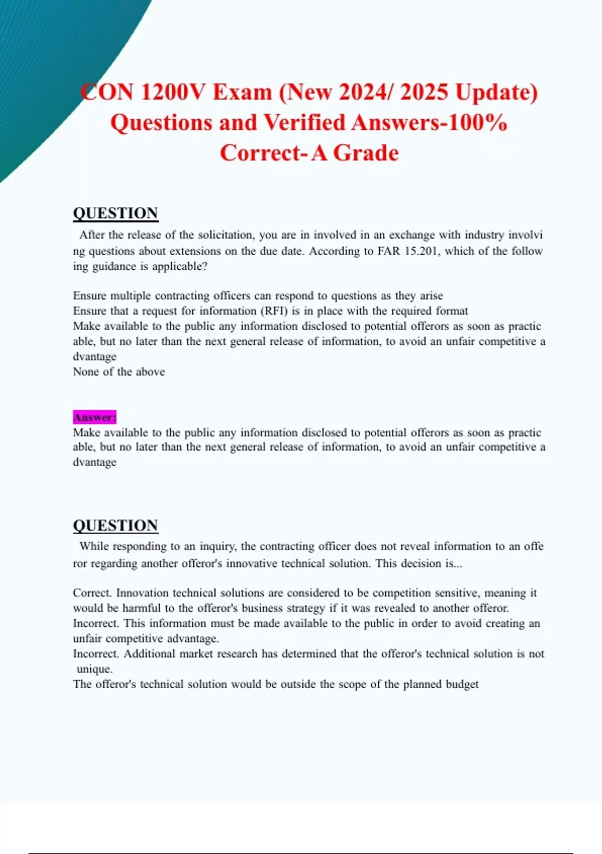 CON 1200V Exam (New 2024/ 2025 Update) Questions and Verified Answers ...