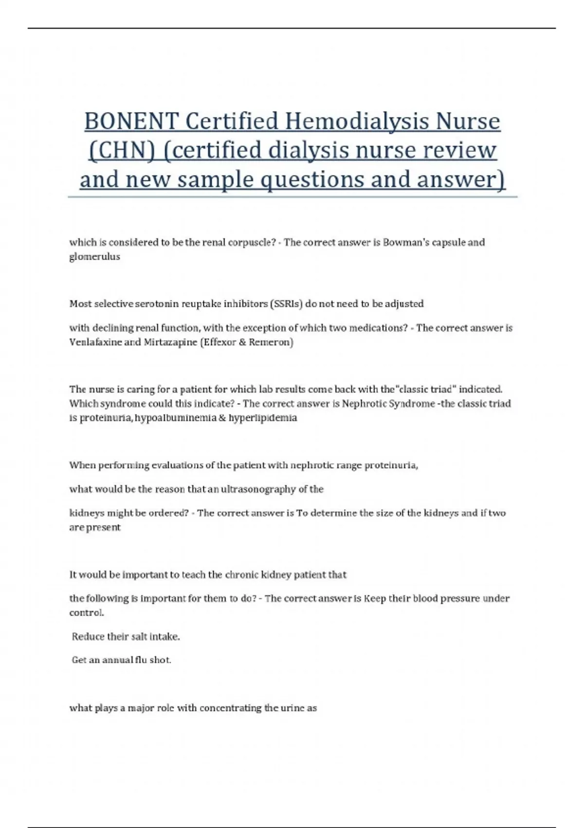 BONENT Certified Hemodialysis Nurse (CHN) (certified dialysis nurse ...
