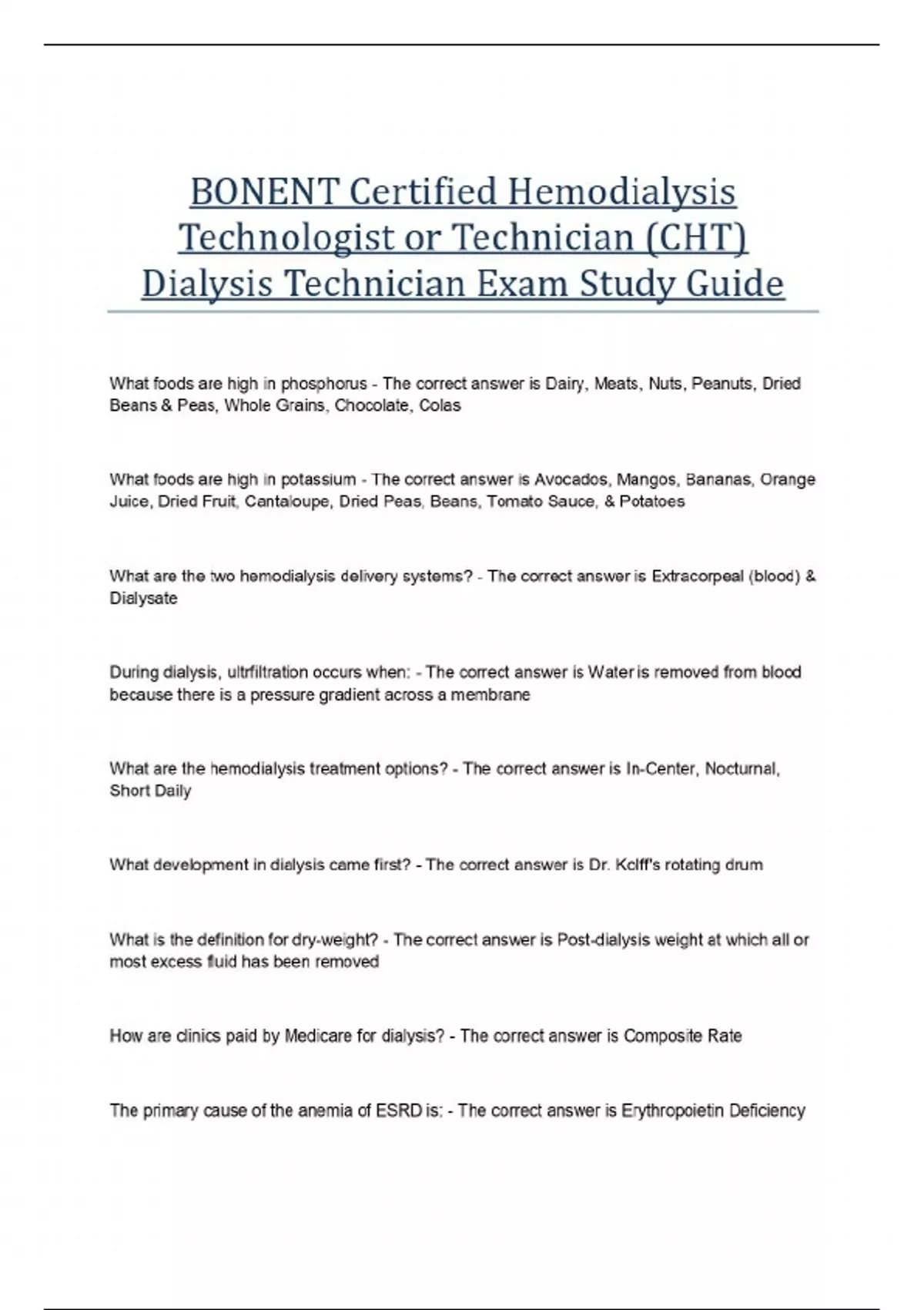 BONENT Certified Hemodialysis Technologist | Technician (CHT) Dialysis Technician Exam Study ...