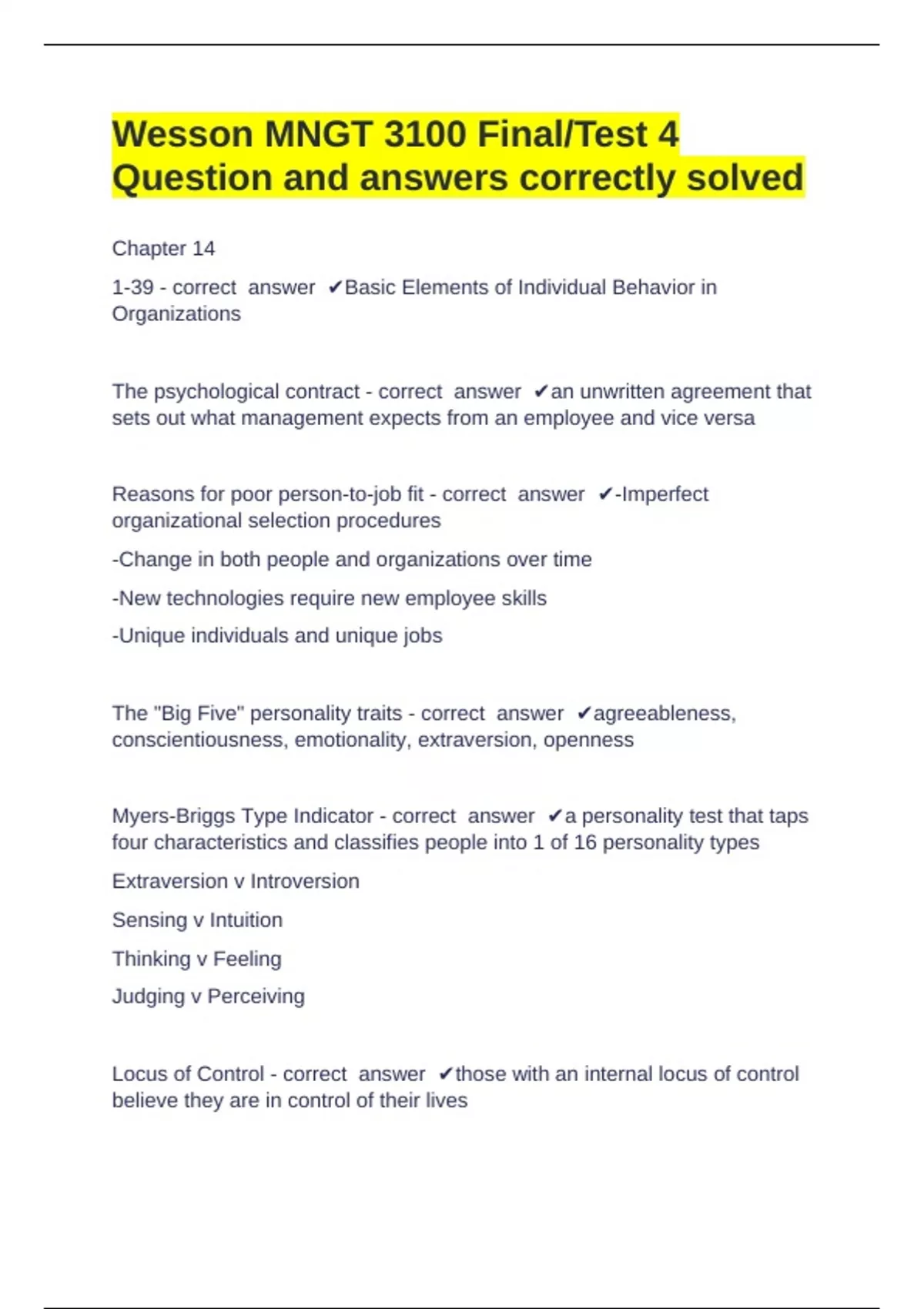 Wesson MNGT 3100 Final/Test 4 Question and answers correctly solved ...