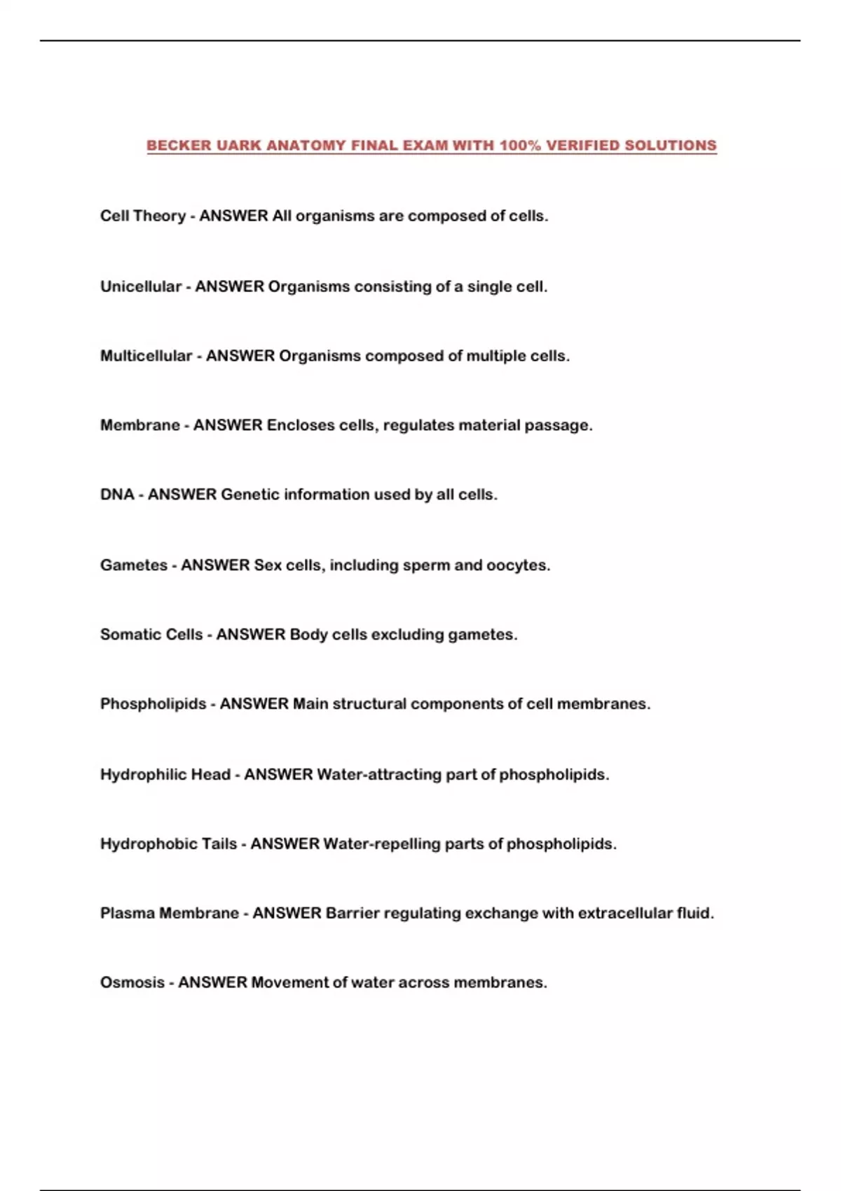 BECKER UARK ANATOMY FINAL EXAM WITH 100% VERIFIED SOLUTIONS - BECKER ...