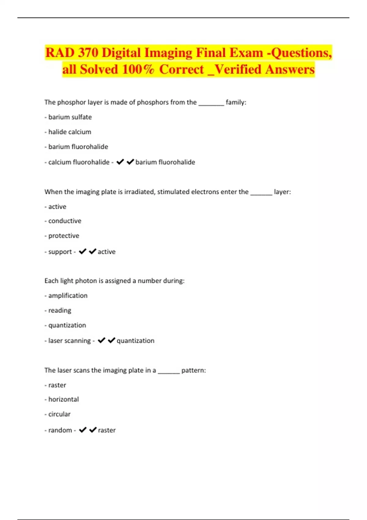 RAD 370 Digital Imaging Final Exam -Questions, all Solved 100% Correct ...