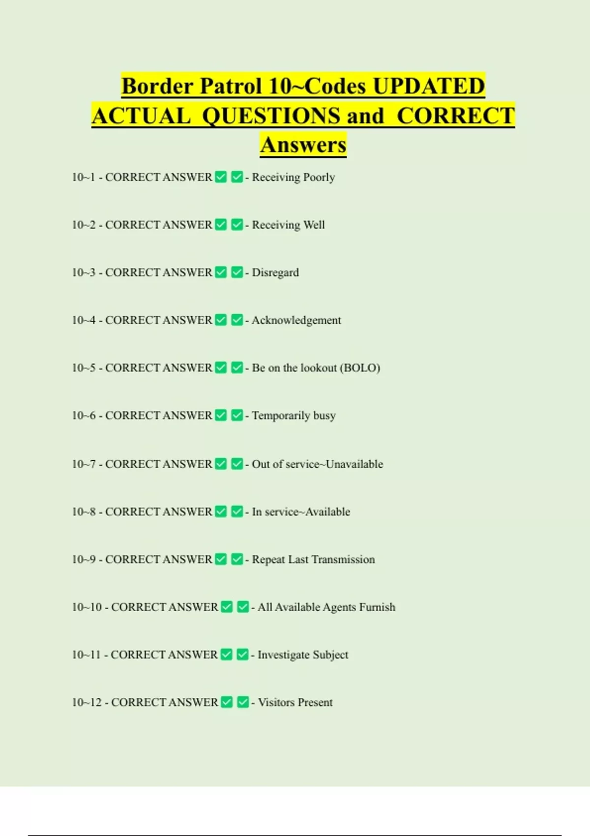 Border Patrol 10~Codes UPDATED ACTUAL QUESTIONS and CORRECT Answers ...
