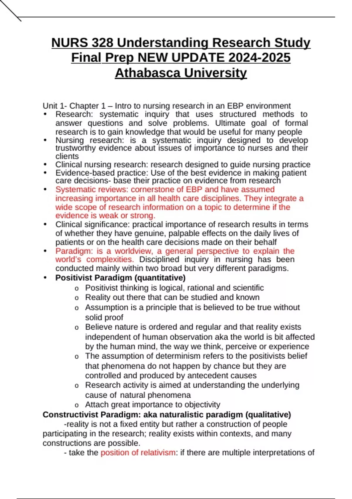 NURS 328 Understanding Research Study Final Prep NEW UPDATE Athabasca University - NURS 328 ...
